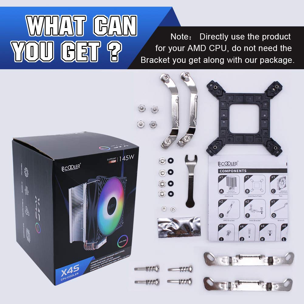 PCCOOLER X4S CPU Cooler, High Performance RGB CPU Air Cooler with Silent 120mm PWM Fan, 145W TDP, 4 Copper Direct Contact Heat Pipes for AMD Ryzen/Intel (AM4 Compatible)