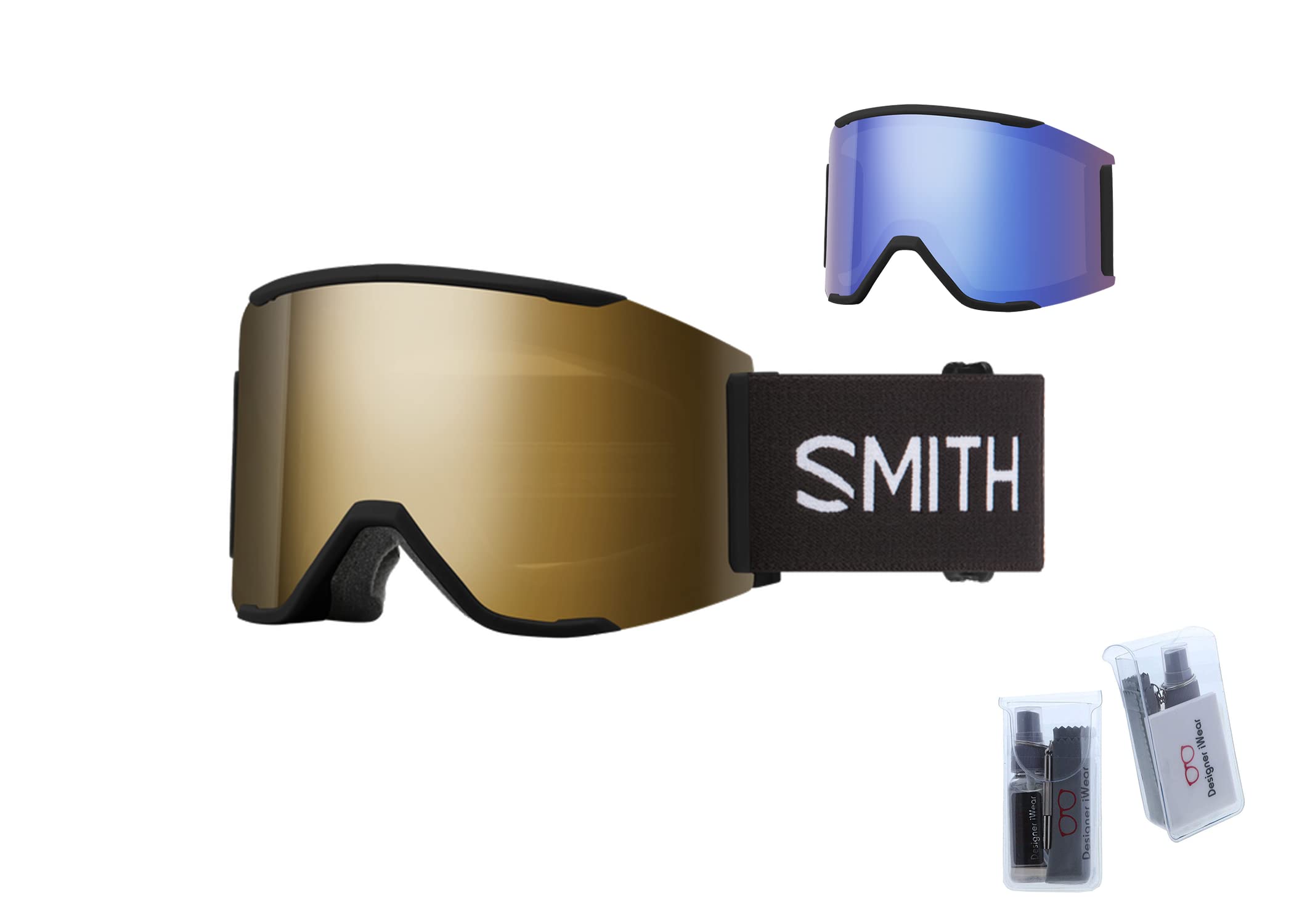 Smith Squad MAG Black/ChromaPop Sun Black Gold Mirror Medium/Large fit Ski Goggles for Men for Women + SMITH Spare ChromaPop Storm Blue Sensor Mirror Lens + BUNDLE with Designer iWear Eyewear Kit