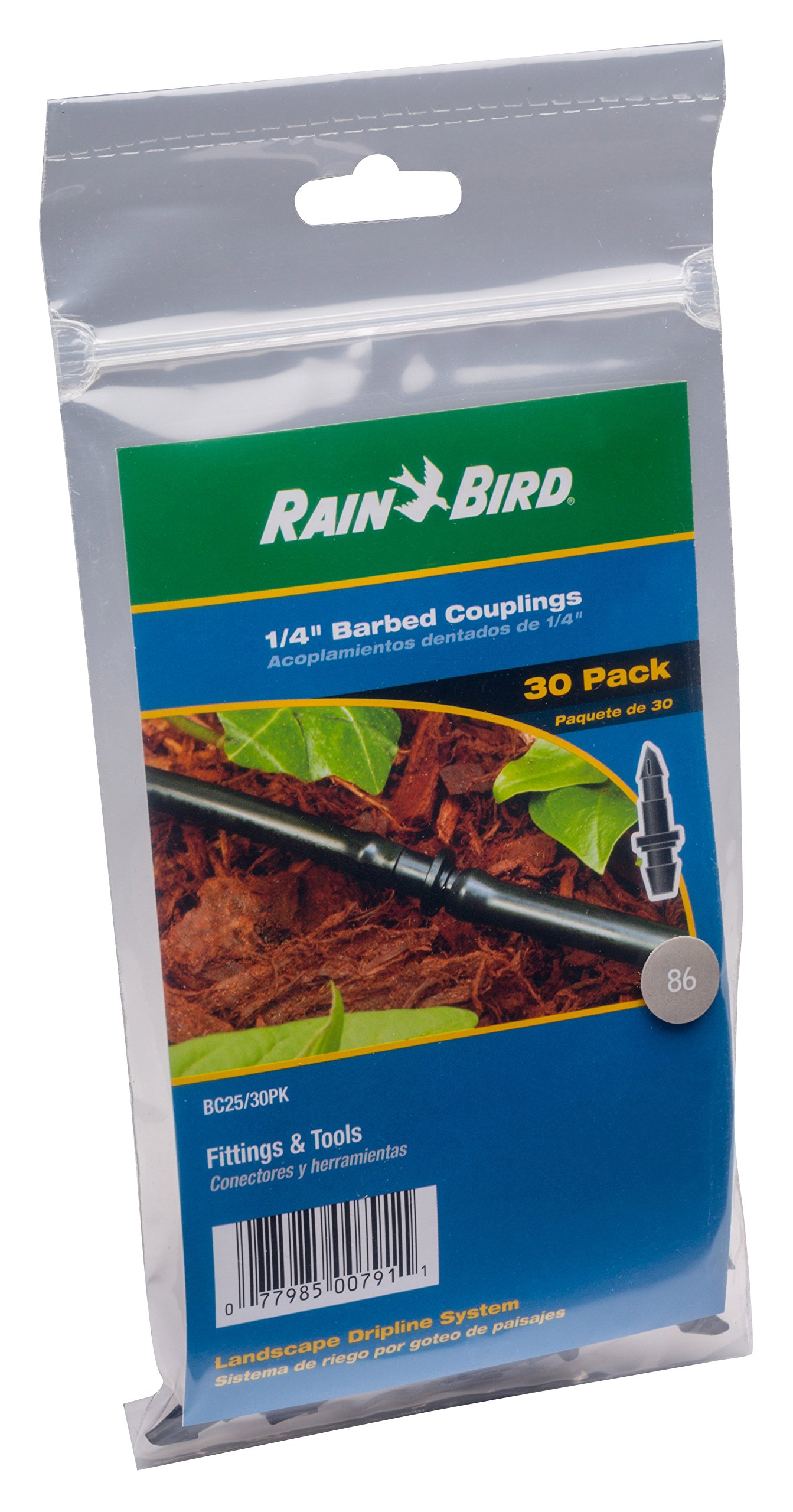 Rain Bird BC25-30PS Drip Irrigation Universal 1/4" Barbed Coupling Fitting, 1/4" Drip Tubing, 30-Pack