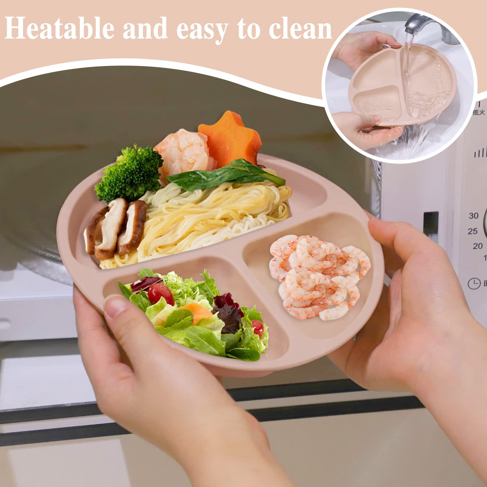 Pimoys 6 Pack Silicone Baby Feeding Set Baby Led Weaning Supplies Suction Bowl Plate Bib Tiny Cup Toddler Dishes with Fork & Spoon, Baby Eating Utensils Microwave & Dishwasher Safe