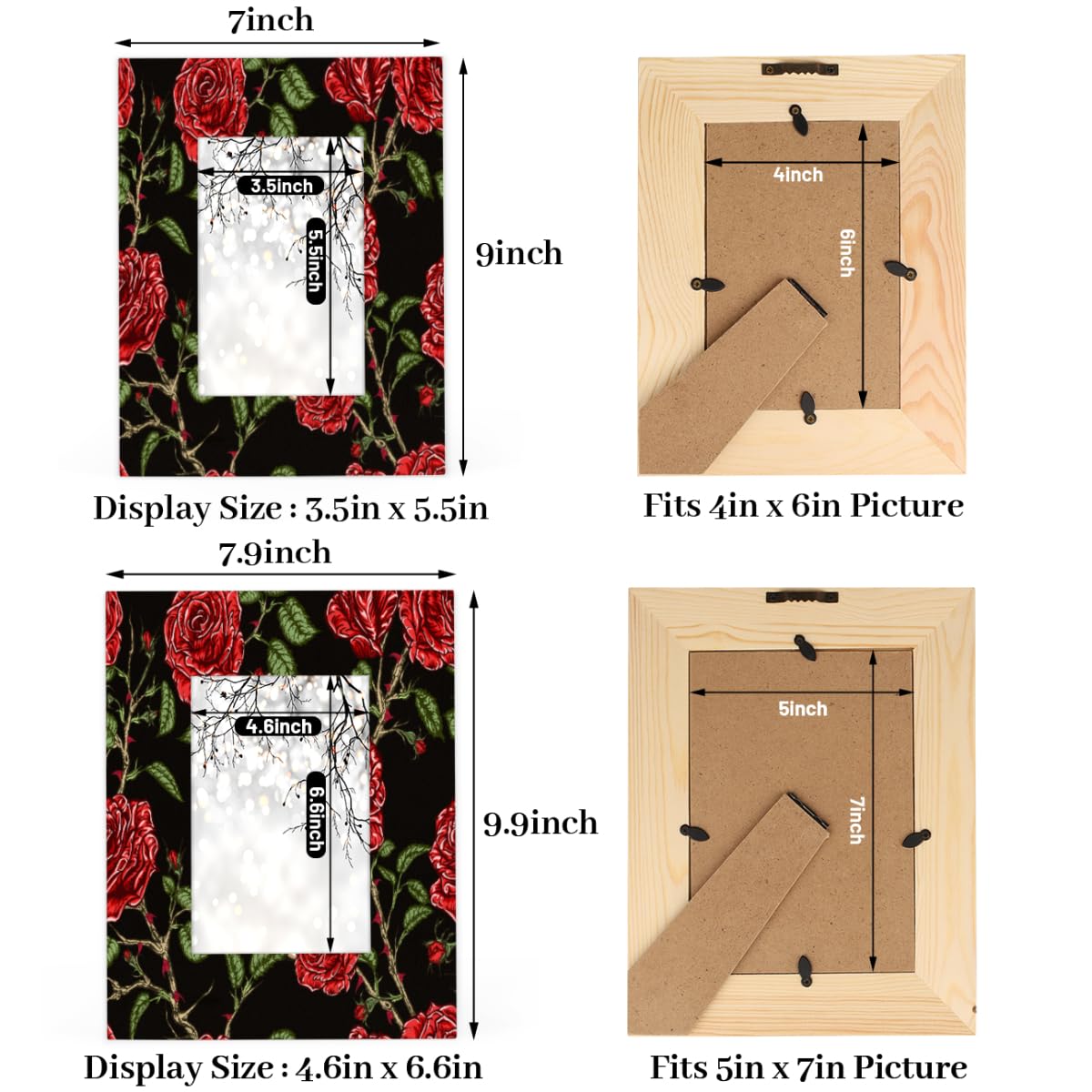 POFATO Skull Red Roses Stems 4x6 Picture Frame Wood Photo Frame for Tabletop Display Wall Mount Picture Frame Display 4x 6 Inch Photo Wall Decor Home Gift Frames