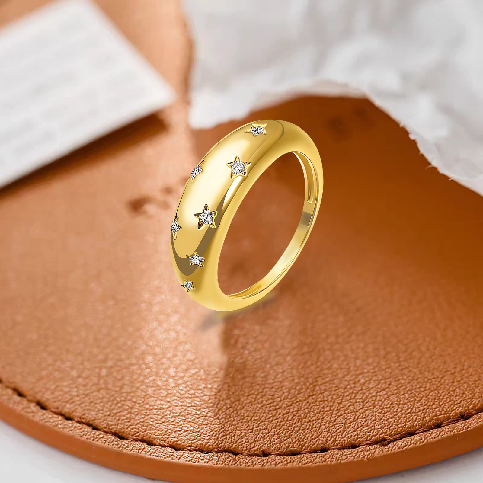 Reaowazo Women Star Ring Gold Chunky Dome Ring Cubic Zirconia Shiny Statement Gold Plated Rings Size 9