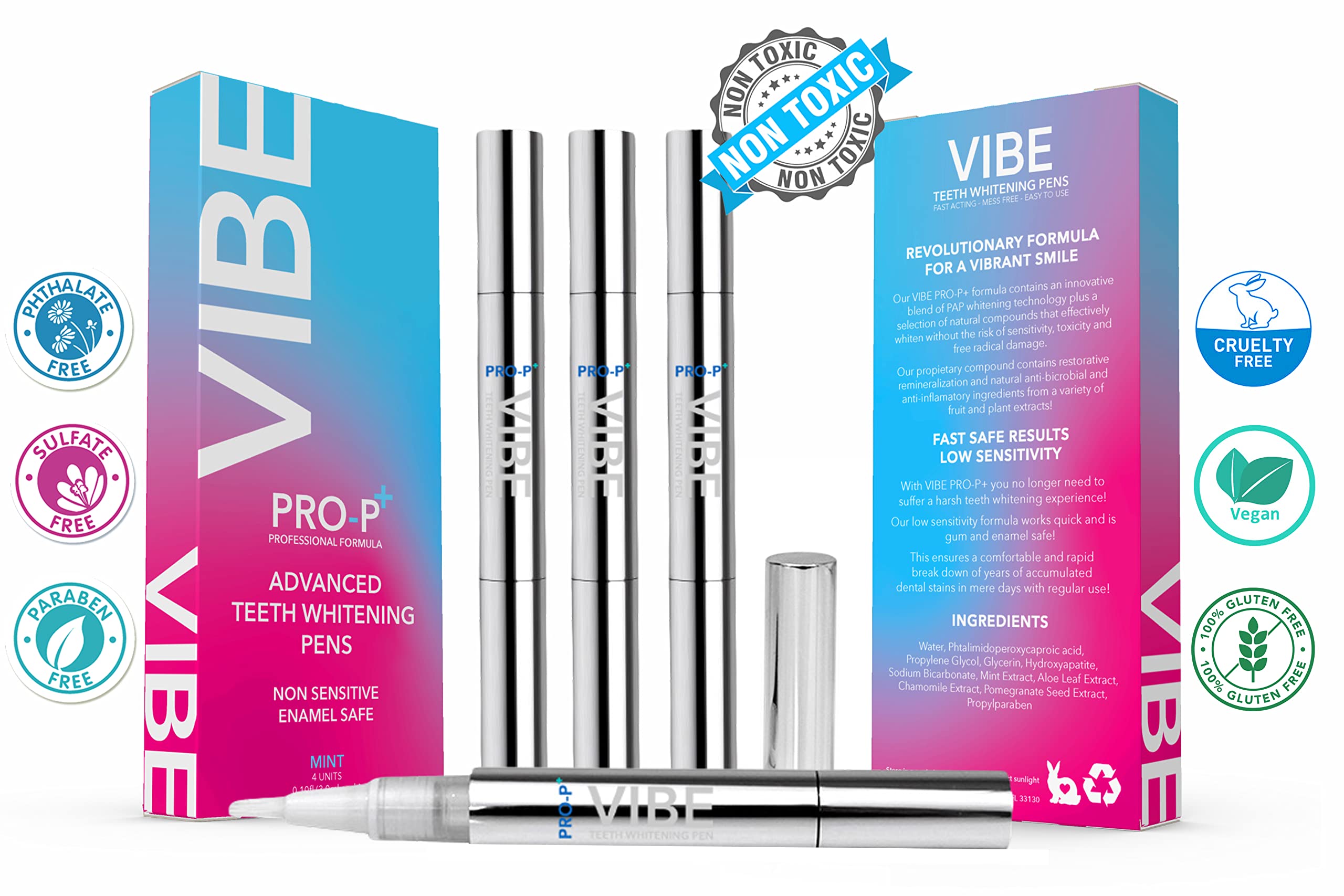 Vibe Teeth Whitening Pens, Healthy, Peroxide Free 4 Pack, Non-Toxic Fast Results, 3ml per pen, Vegan, Painless, teeth whitening kit for sensitive teeth, Travel Sized, Easy to Use, Organic Mint Flavor