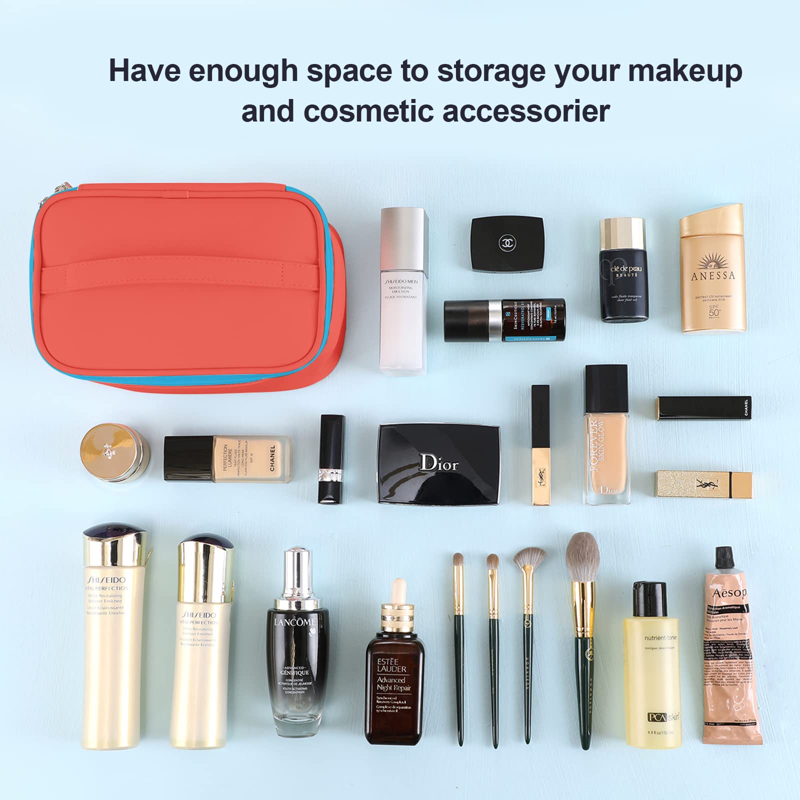 Makeup Bag Portable Travel Cosmetic Bag for Women, Beauty Zipper Makeup Organizer PU Leather Washable Waterproof (Red)