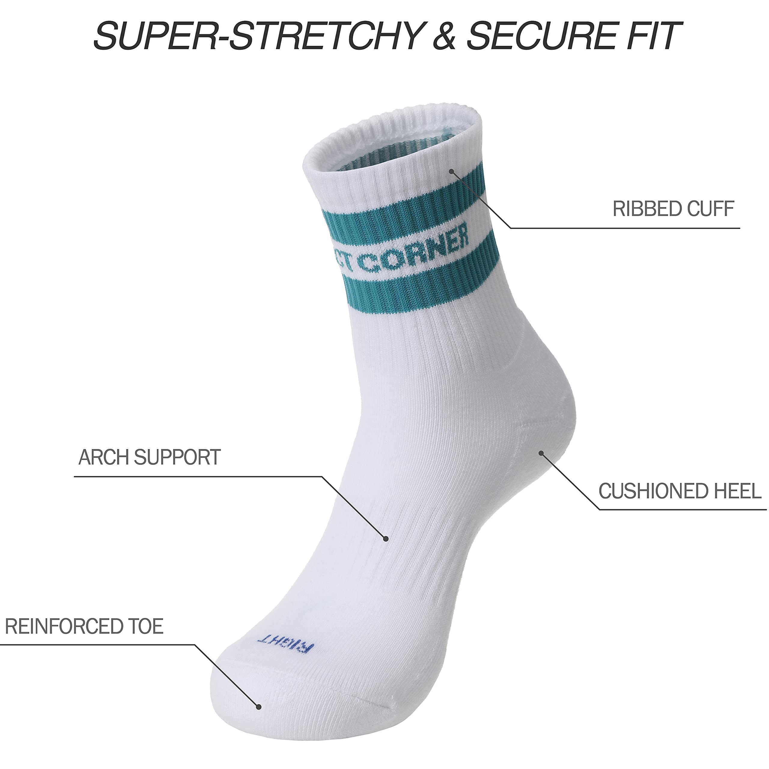 PERFECT CORNER Cotton Cushion Arch Support Training Gym Athletic Quarter Socks for Men and Women 5-Pair (3-Stripe Asst, Large)
