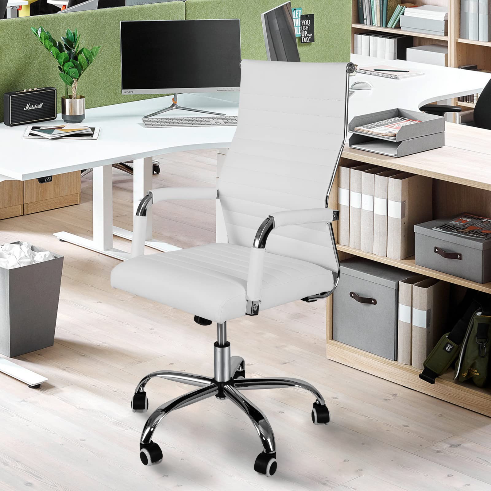 ONG Ergonomic Office Chair - Rolling Desk Chair High-Back White 360° Swivel Conference Executive Office Chair Adjustable Height and Armrest with Lumbar Support Task Computer Chair PU Leather