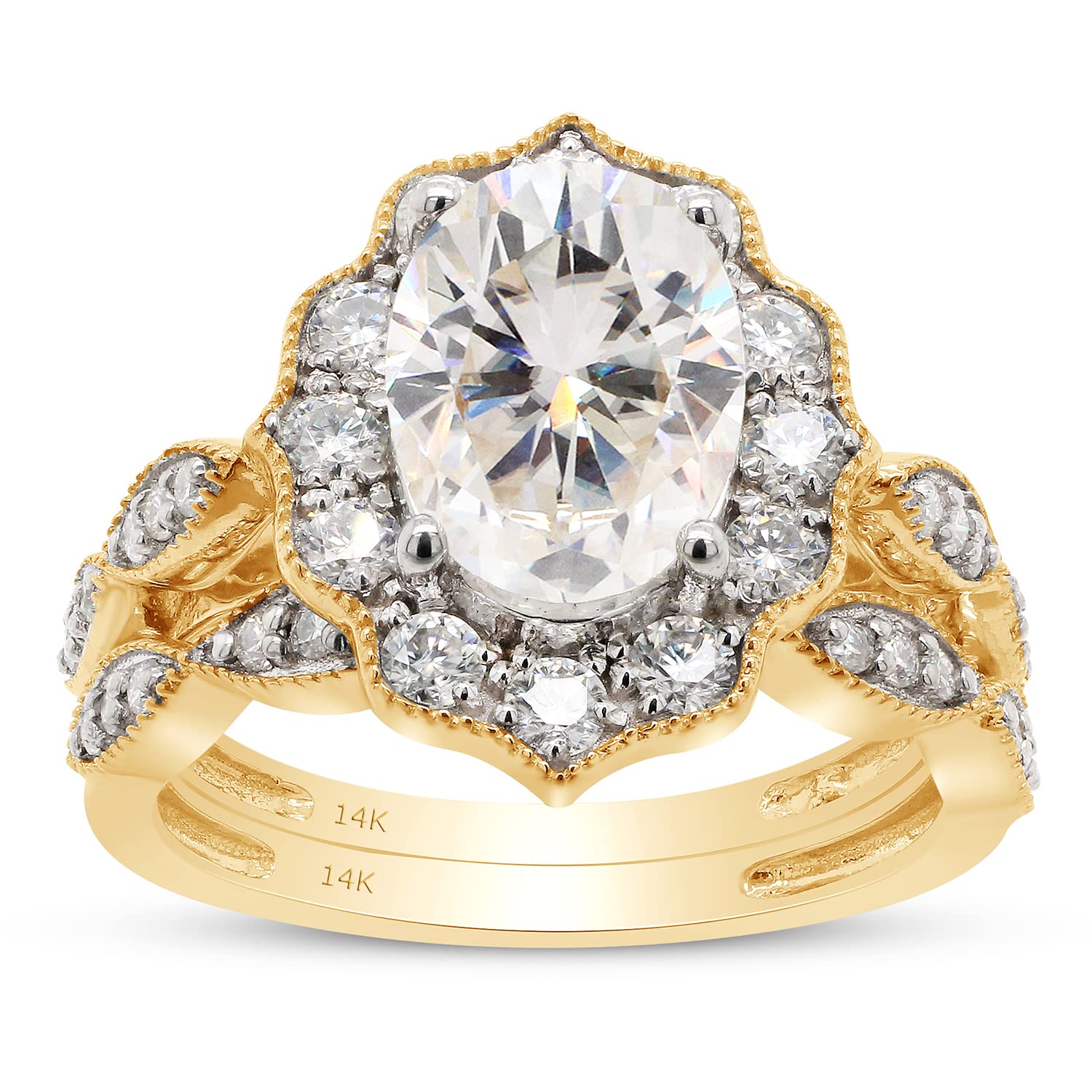 SAVEARTH DIAMONDS 2 3/4 cttw Center 7X10MM Oval & Round Cut Lab Created Moissanite Diamond Halo Vintage Style Bridal Ring Set For Women In 14K Solid Yellow Gold(G-H Color,VVS1 Clarity, 2.75 Cttw)-7