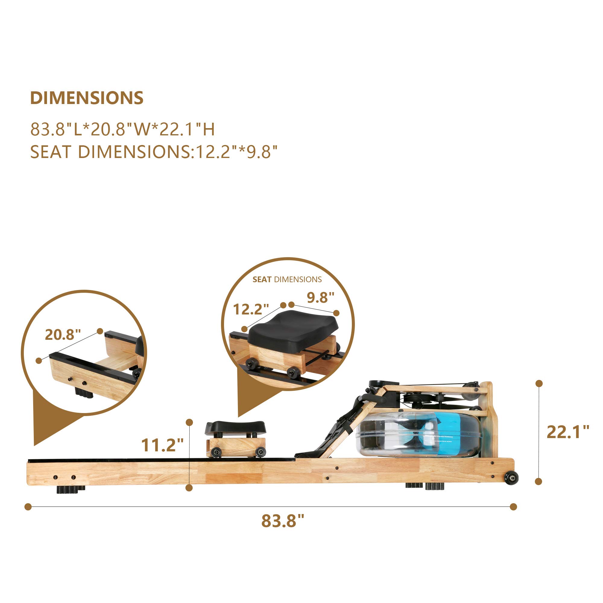 Oak Wood Water Rowing Machine with Digital Monitor for Home 330 Lbs, Mobile, Space Saving, Adjustable, Double Track Indoor Rower Fitness