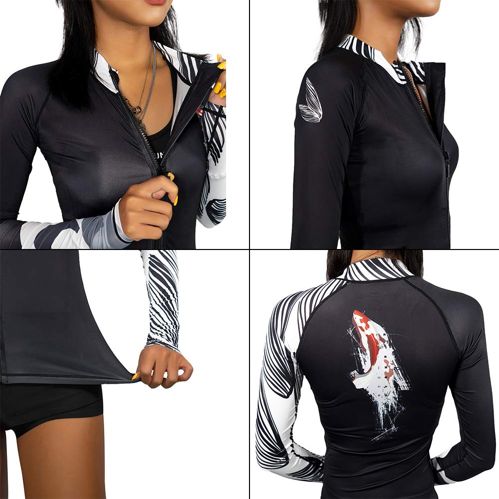 NU-JUNE Women Rash Guard Swimsuit Zip Front Long Sleeve SPF Koi Printed Diving