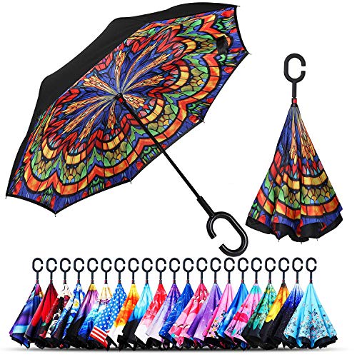 owen kyne Windproof Double Layer Folding Inverted Umbrella, Self Stand Upside-down Rain Protection Car Reverse Umbrellas with C-shaped Handle (Gothic Windows)