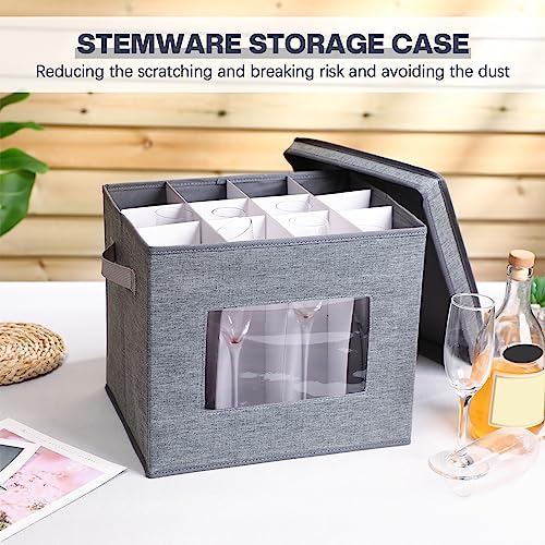 Norme 3 Pcs Wine Glasses Storage Box with Dividers, 12 Compartments Champagne Flute Storage Box with Lid Handle Window China Storage Containers Hard Glass Holder Packing Boxes for Moving