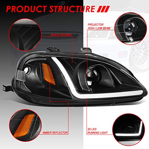 Pair LED DRL Black Housing Clear Corner Projector Headlight Lamps Compatible with Honda Civic 99-00