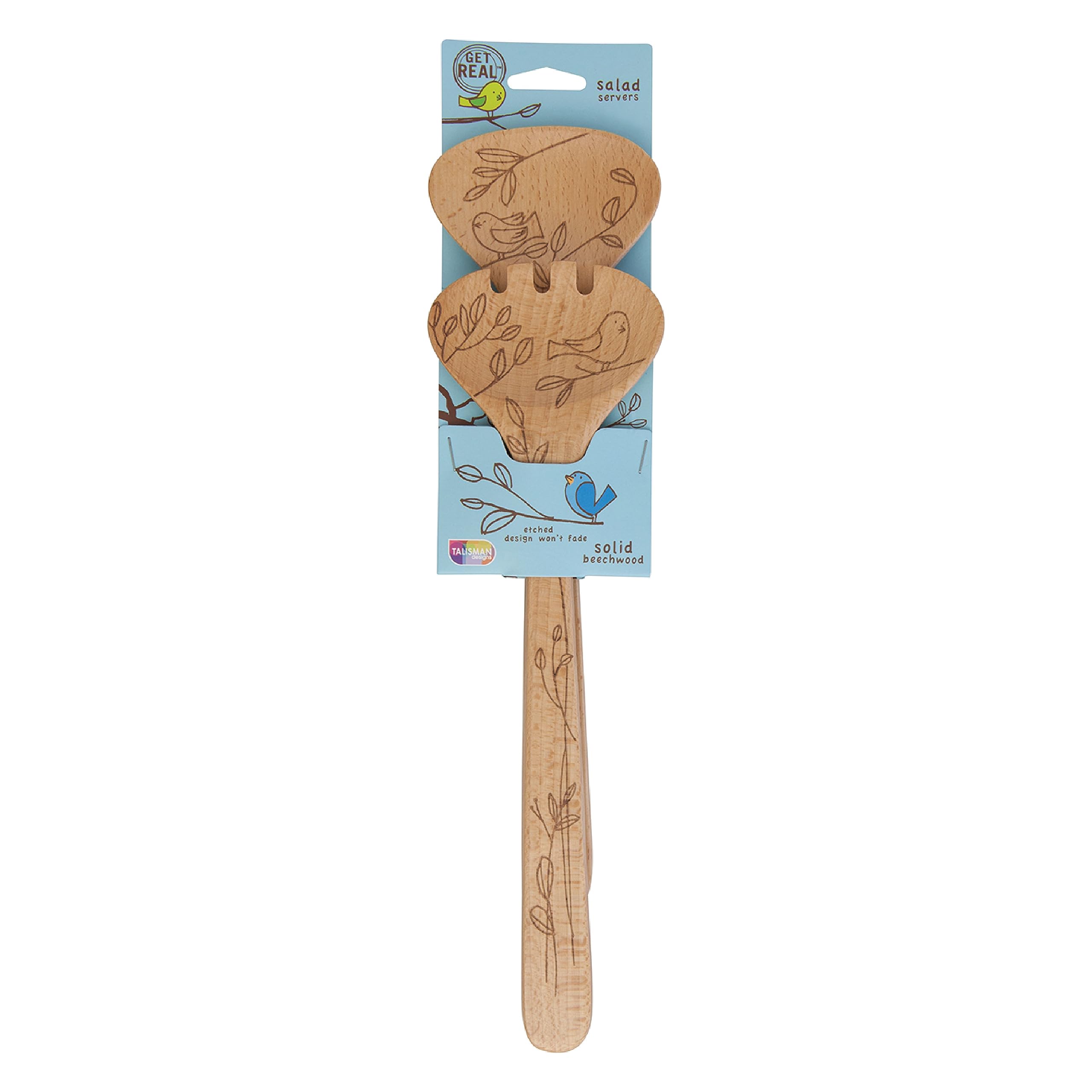 Talisman Designs Laser Etched Beechwood Salad Serving Set | Nature Design | Fork & Spoon Serving Set | Cute & Functional Kitchen Tool | Small Wooden Utensils