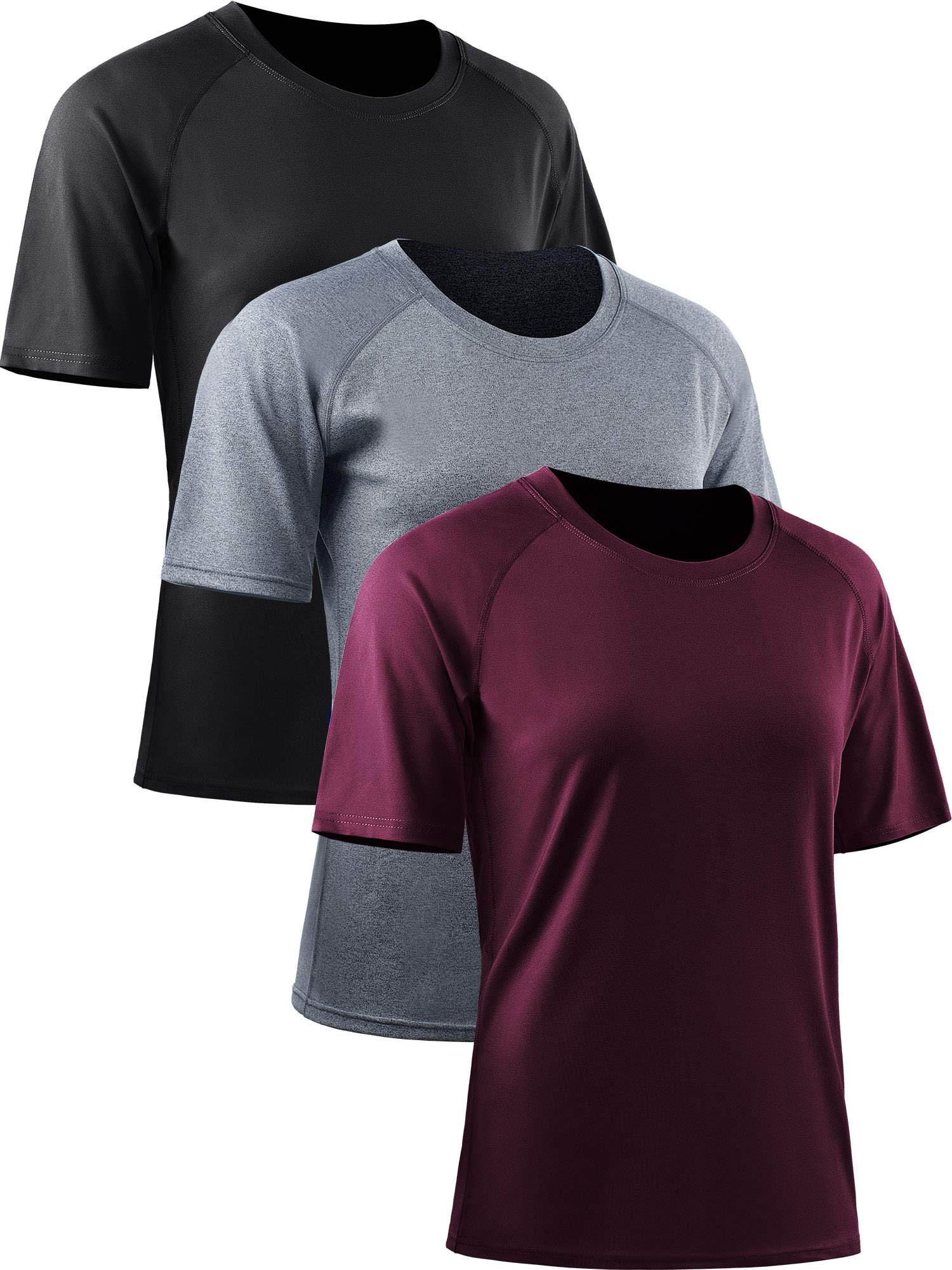 NELEUS Women's Workout Running Shirts Short Sleeve Athletic Yoga Tops,3 Pack,Black,Grey,Burgundy Red,2XL