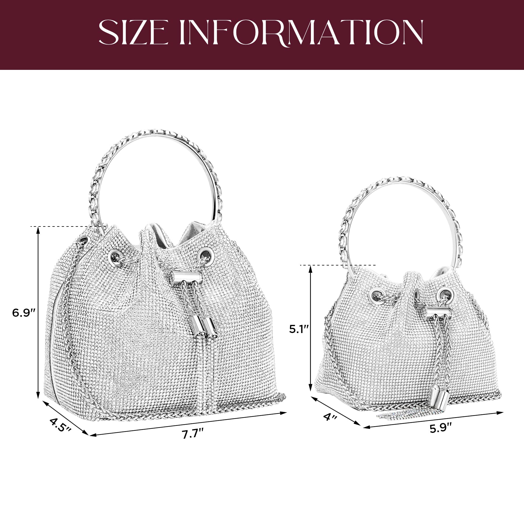 SWEETV Women's Rhinestone Bucket Bag, Evening Handbag Purse for Formal Wedding Cocktail Prom Party Club, Silver, Medium