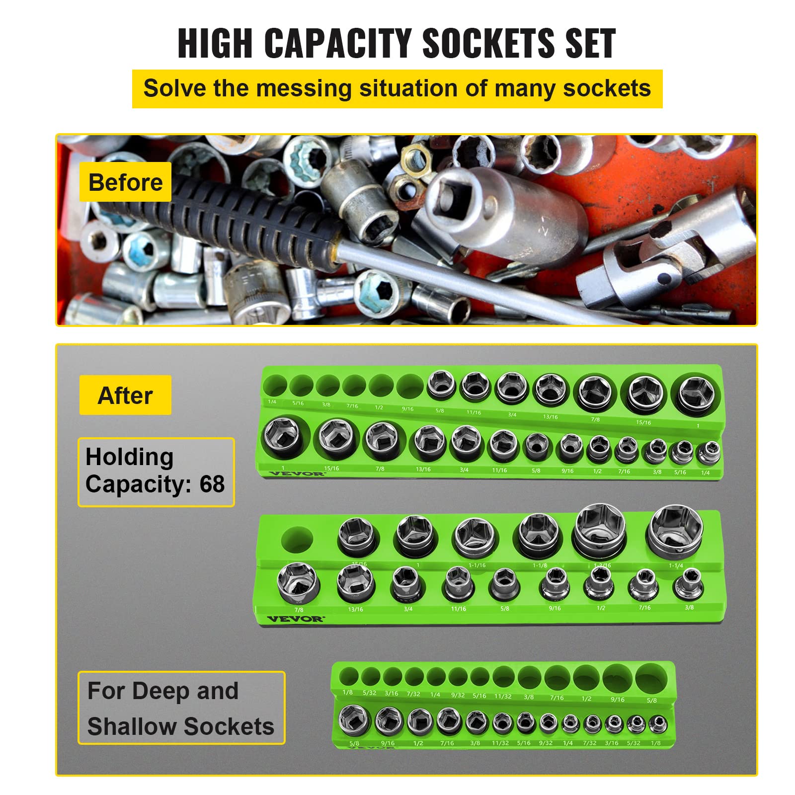 VEVOR 3-Pack SAE Magnetic Socket Organizers, 1/4", 3/8", 1/2" Magnetic Socket Holder Hold 68 Sockets, Green Tool Box Organizer for Sockets Storage