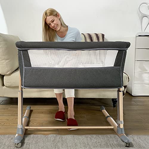 RONBEI Bedside Bassinet for Baby, Baby Bassinets Bedside Sleeper/Built in Wheels Infant Newborn Baby Cribs