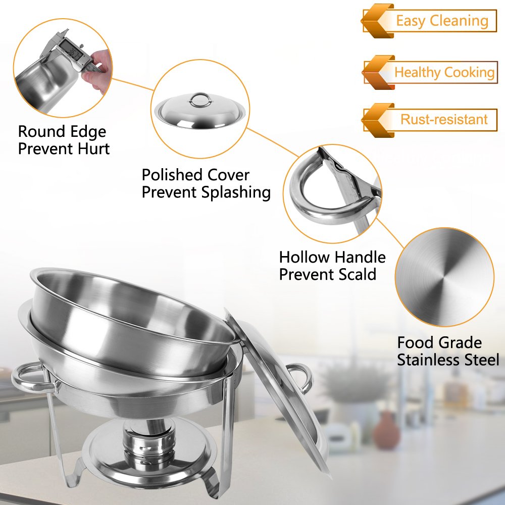 ROVSUN 5 Qt 2 Packed Full Size Stainless Steel Chafing Dish Buffet Set, NSF Silver Round Catering Warmer Set with Food and Water Trays, Mirror Cover, Thick Stand Frame for Kitchen Party Banquet