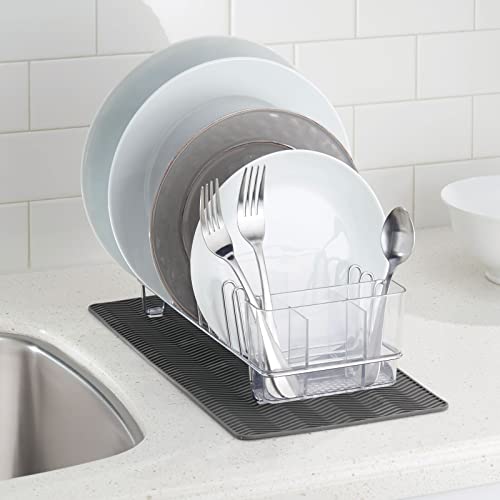 mDesign Steel Sink Dish Drying Rack/Dish Drainer Storage Organizer w/Wire Drainer, Drying Mat for Kitchen Counter, Easy Drain/Dry Dishes, Plate, Utensil - Concerto Collection, Set of 2 - Chrome/Gray
