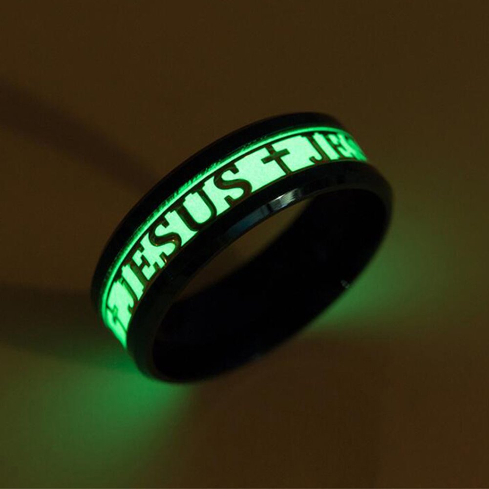 Men's Luminous Effect Ring Stainless Steel Cross Jesus Religious Band Rings Glow in the Dark For Women (7)