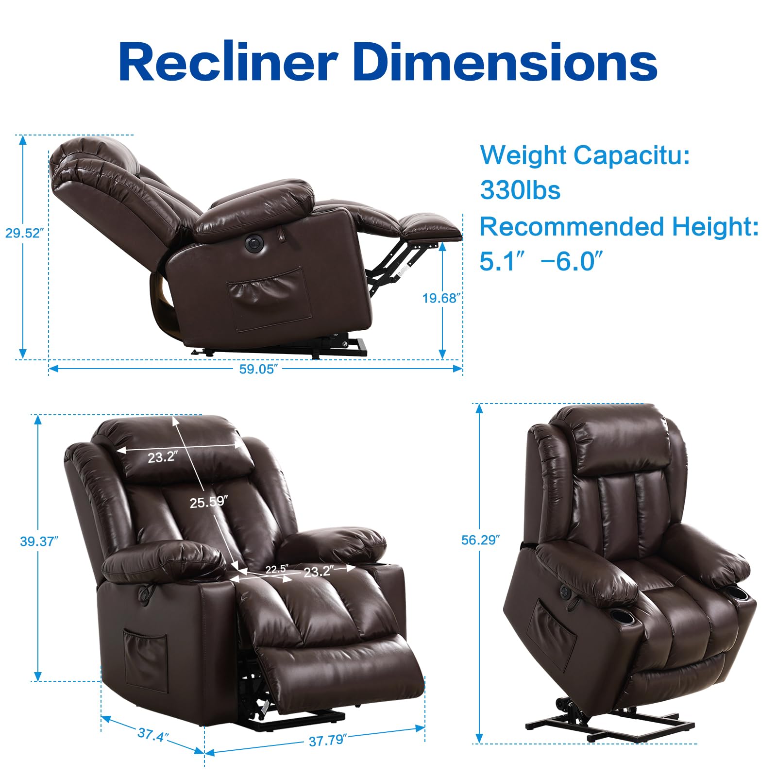 MAEVIS Lift Chair Recliner with Massage and Heating for Elderly and Adults,Breathable Leather Recliner chairs for Living Room,2 Cup Holders (Brown)