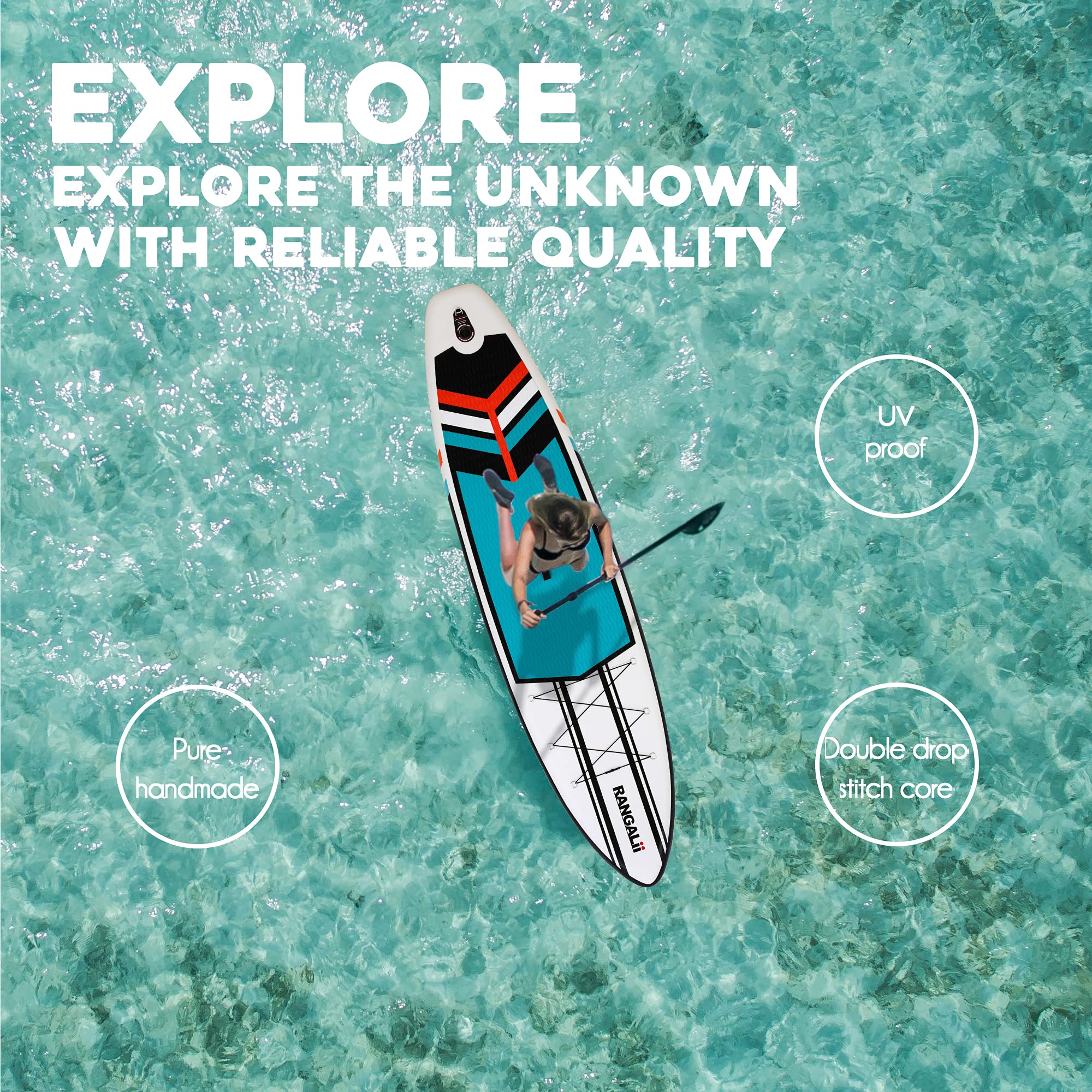 RANGALii 11' Foot Inflatable SUP Stand Up Paddle Board(32" Wide, 6" Thick) Durable with Adjustable Paddle, Backpack, Pump and Leash (Lake Blue)