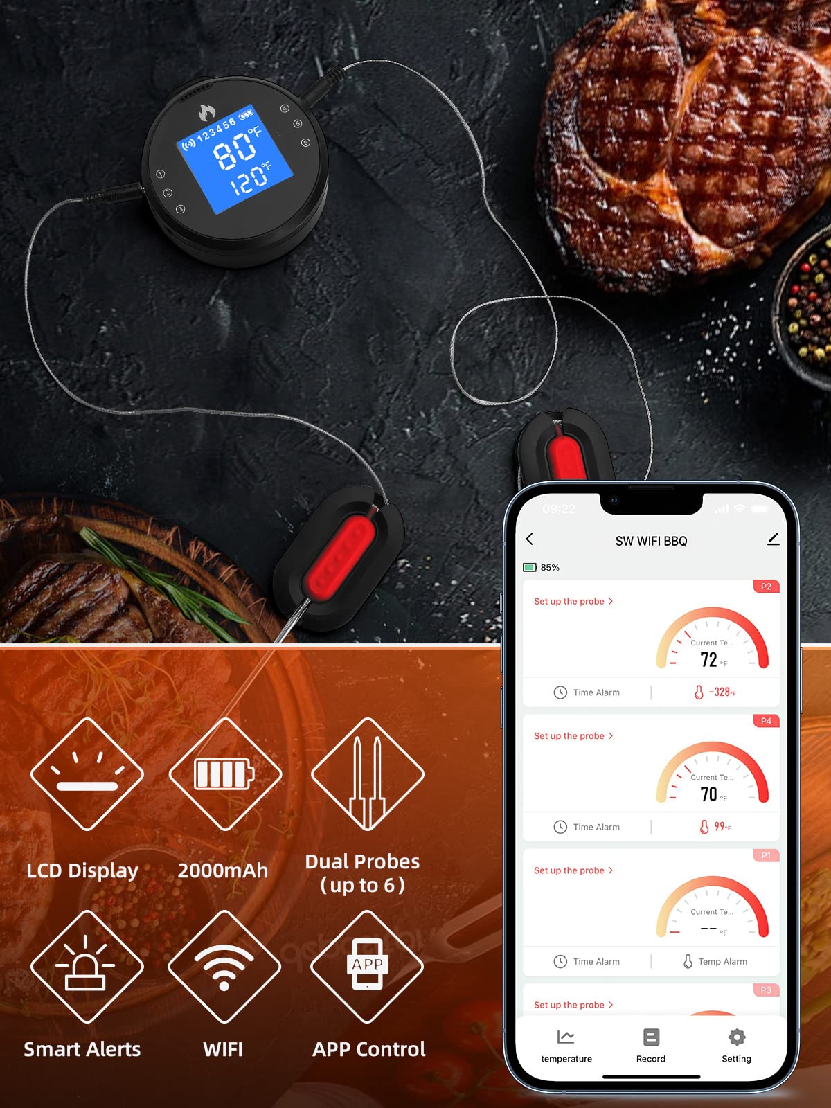 Sanwo WiFi Meat Thermometer with 2 Probes, Digital Wireless Instant Read Smart 2000mAH Rechargeable BBQ Grill Meat Thermometer with Timer, Alarm for Smoker, Oven, Grill, Roast, Kitchen Food Meat