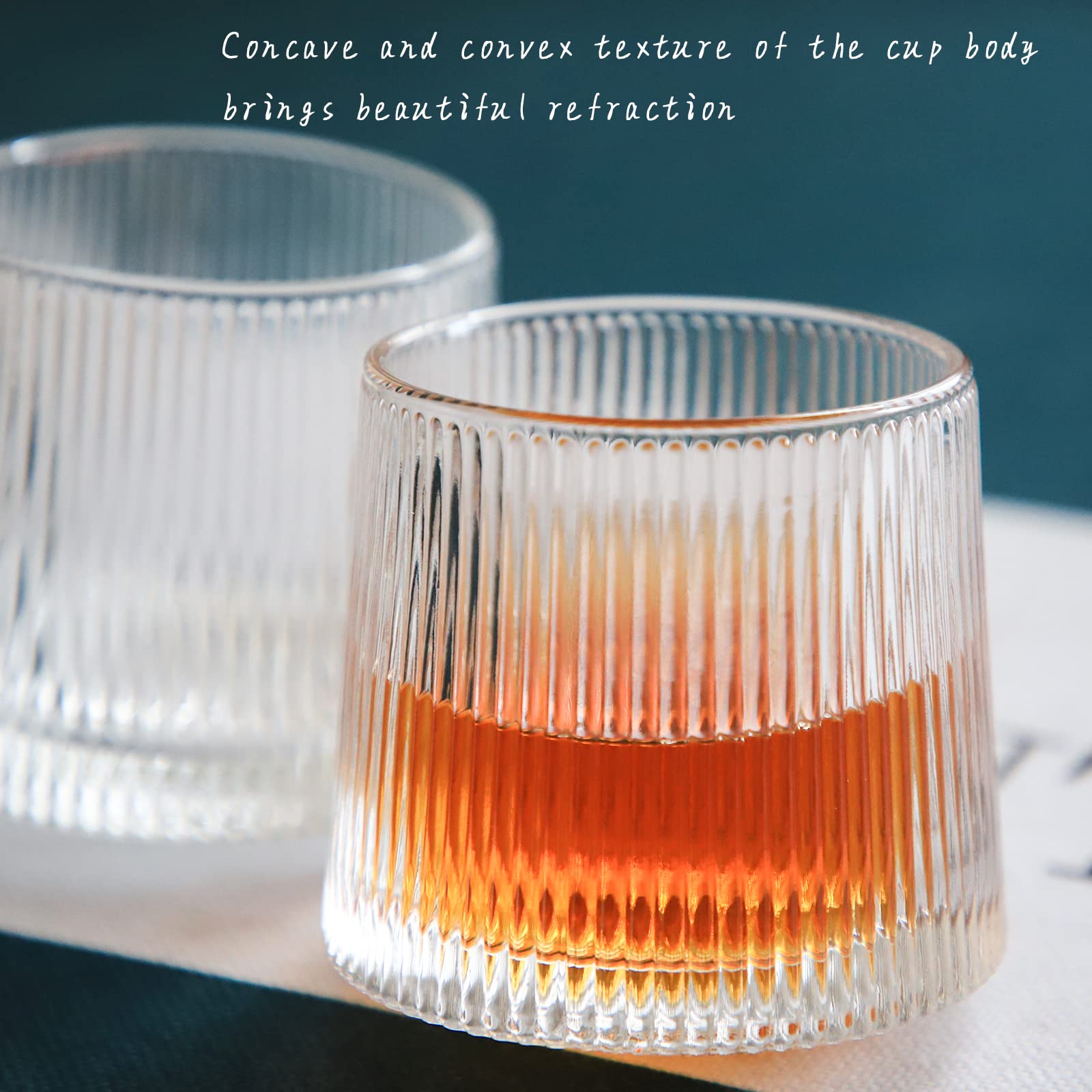 TOSSOW Spinning Whiskey Glasses Set of 2 Tumblers, Striped Old Fashioned Drinking Glass for Scotch, Irish, Bourbon and Cocktail Drinks, Barware Gift for Men and Women