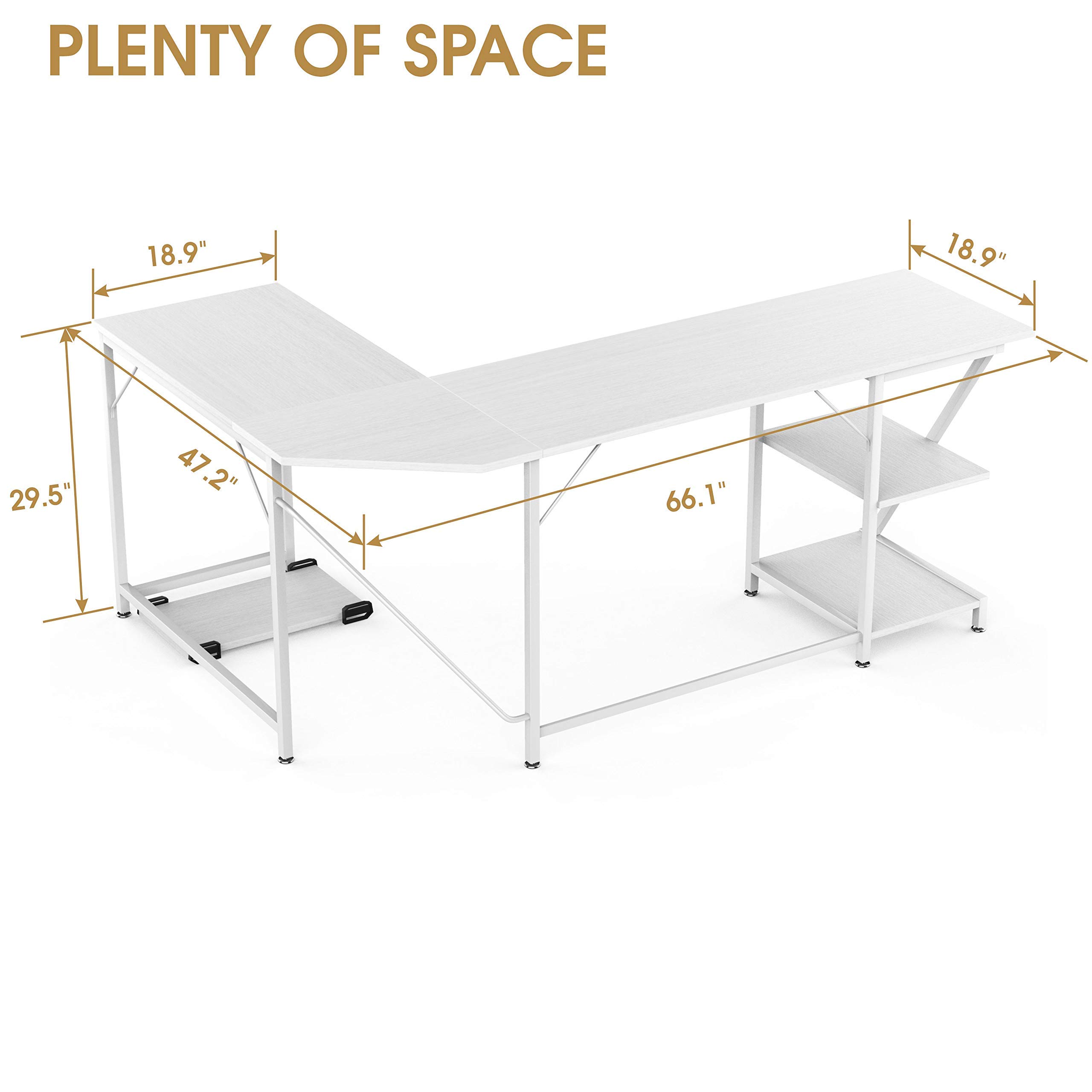 NOXU White L Shaped Desk with Shelves - Large Modern 66''x47''x29.5'' (LxWxH) - Reversible L Shaped Gaming Desk for Home or Office - Safe and Sturdy Computer Desk with Storage - Corner Desk Table