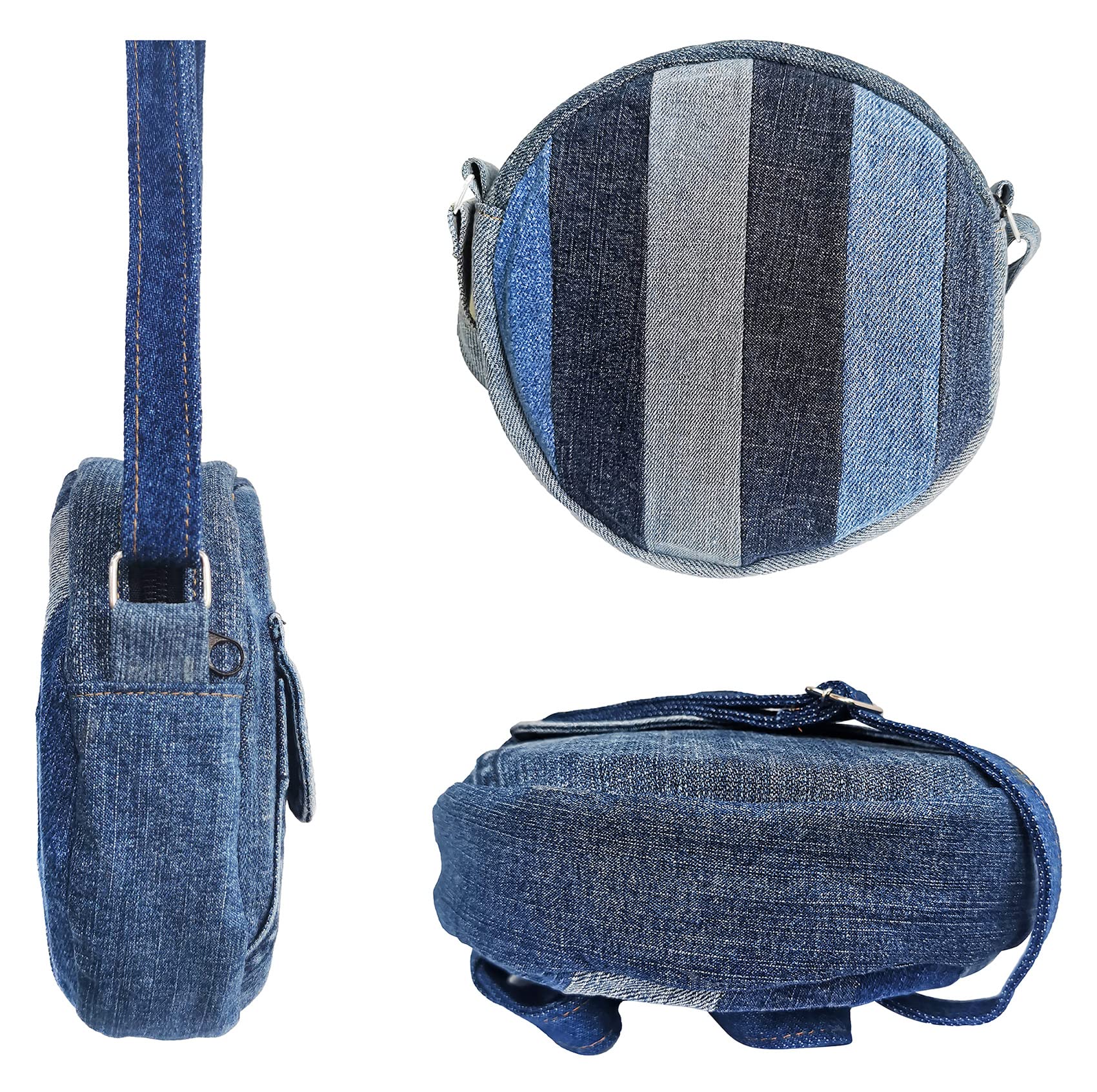 Upcycling Blue Denim Handmade Vintage DIY Patchwork Round Shape Purse Crossbody Sling Bag Handbag for Women (Style 4)