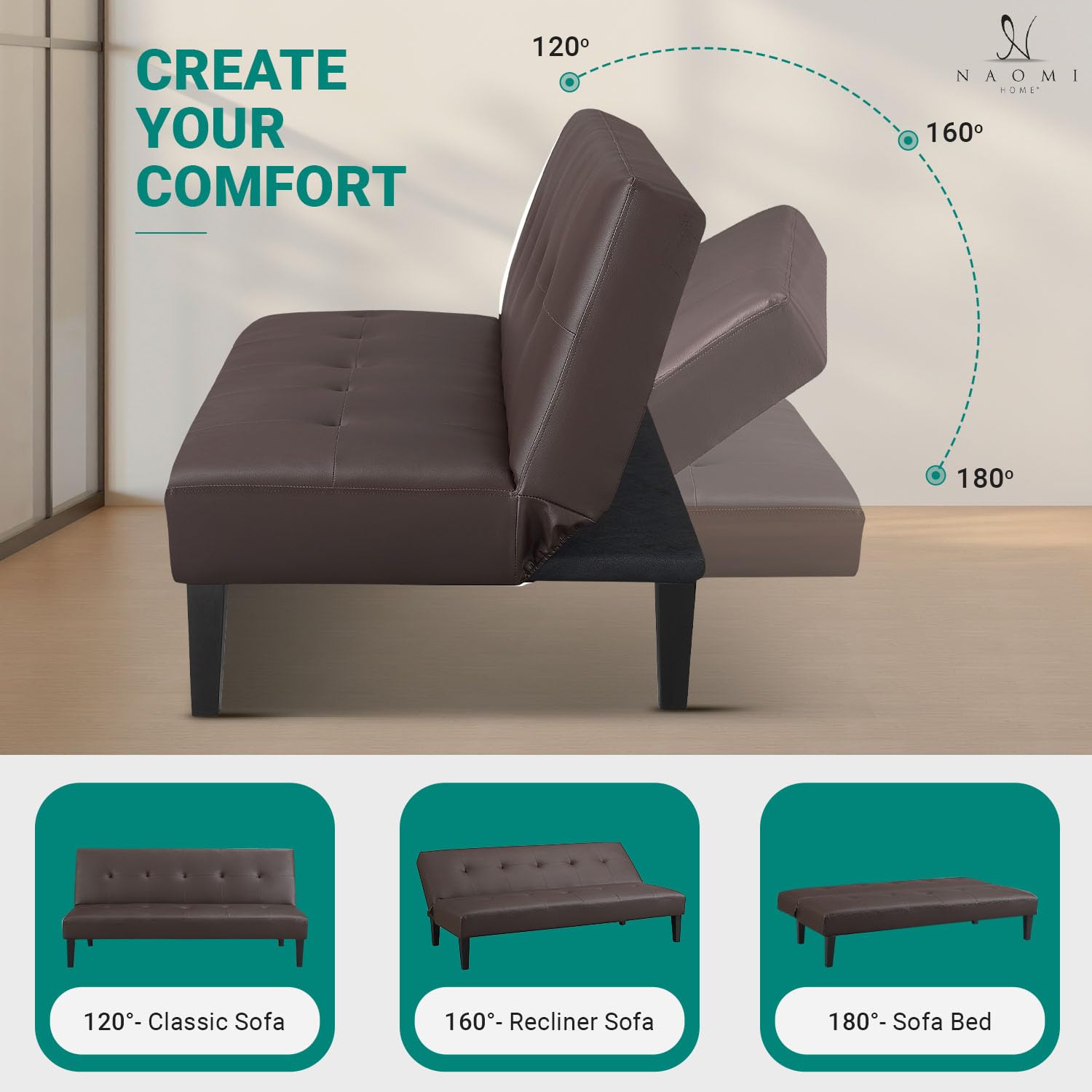 Naomi Home Durable Futon: Perfect for Both Couch Bed and Small Futon Sturdy Build Modern Faux Leather Futon Couch - Low-Maintenance Upholstery - Customizable Positions - Easy Assembly, White