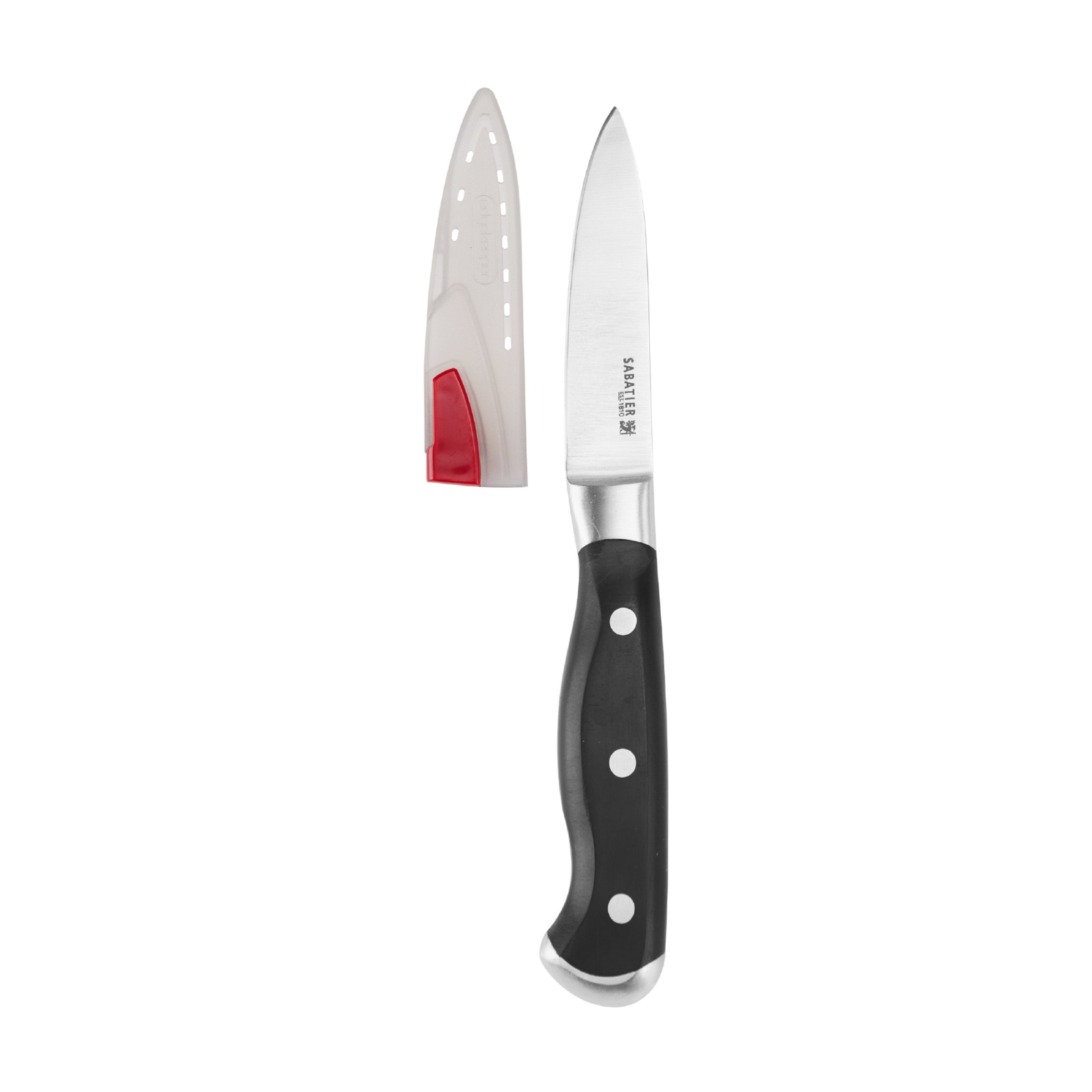 Sabatier Forged Triple-Rivet Paring Knife with Self-Sharpening Blade Cover, High-Carbon Stainless Steel, Razor-Sharp Kitchen Knife to Cut Fruit, Vegetables and more-3.5-Inch, Black