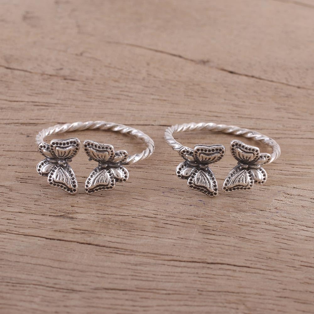 NOVICA Artisan Handmade Sterling Silver Toe Rings Twisted with Butterfly Accents from India Pair No Stone Animal Themed [ 1 mm W] ' Butterfly Meeting' Pair