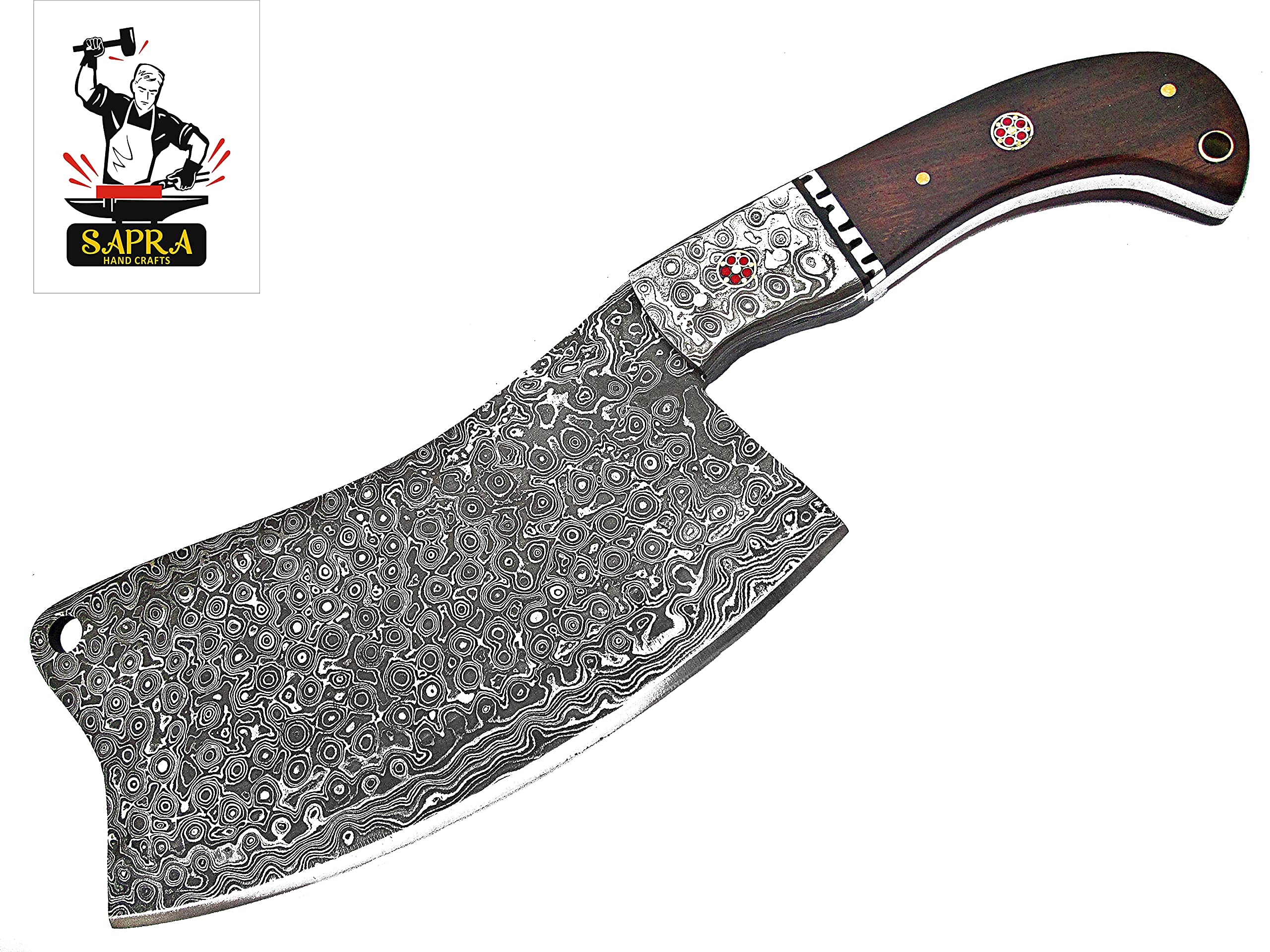 Sapra Damascus steel 10.75β Inches Meat Cleaver Chef Butcher Vegetable frozen Boning Cleaver Knife Heavy Duty Sharp Edge Full Tang Meat Cleaver Bone Copper with Genuine Leather Sheath