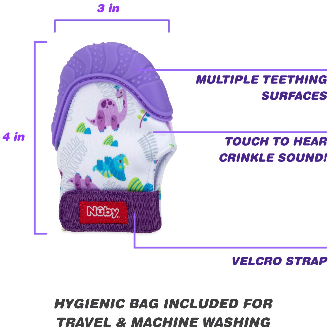 Nuby Soothing Teething Mitten with Hygienic Travel Bag, Dinosaurs, Purple