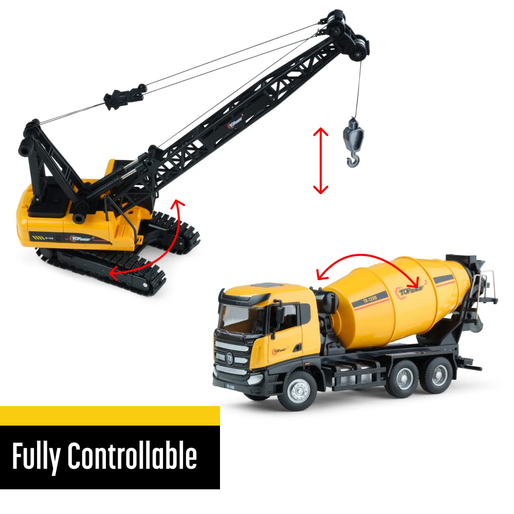 Top Race Metal Diecast Tower Crane & 2 Construction Trucks - Metal Construction Vehicles Model Toy for Kids and Adults
