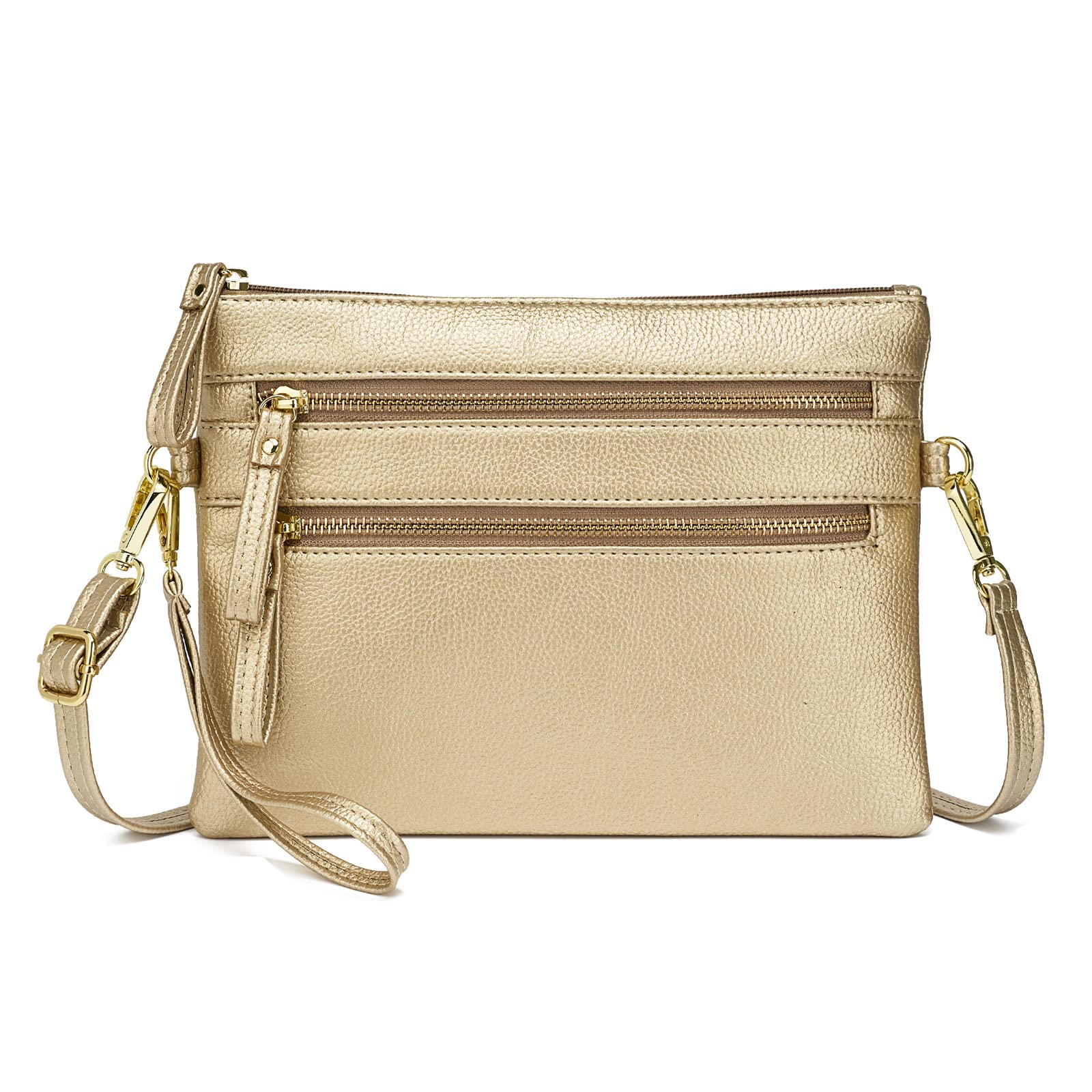 WOZEAH Small Crossbody Purse for Women,Multi Zipper Pocket Shoulder bag (gold)