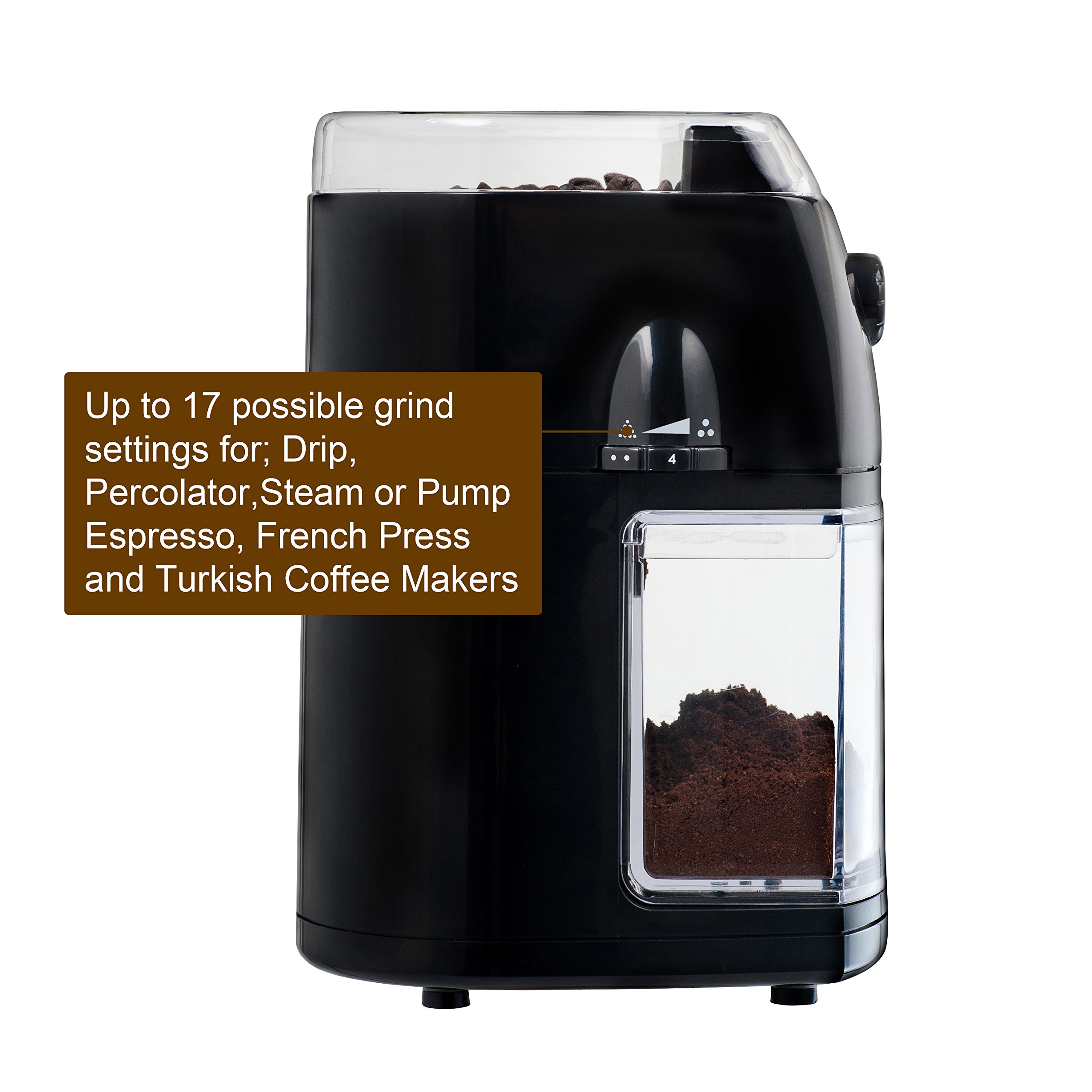 Secura Electric Burr Coffee Grinder Mill, Adjustable Cup Size, 17 Fine to Coarse Grind Size Settings for Drip, Percolator, French Press and Turkish Coffee Makers, Black,12 cups