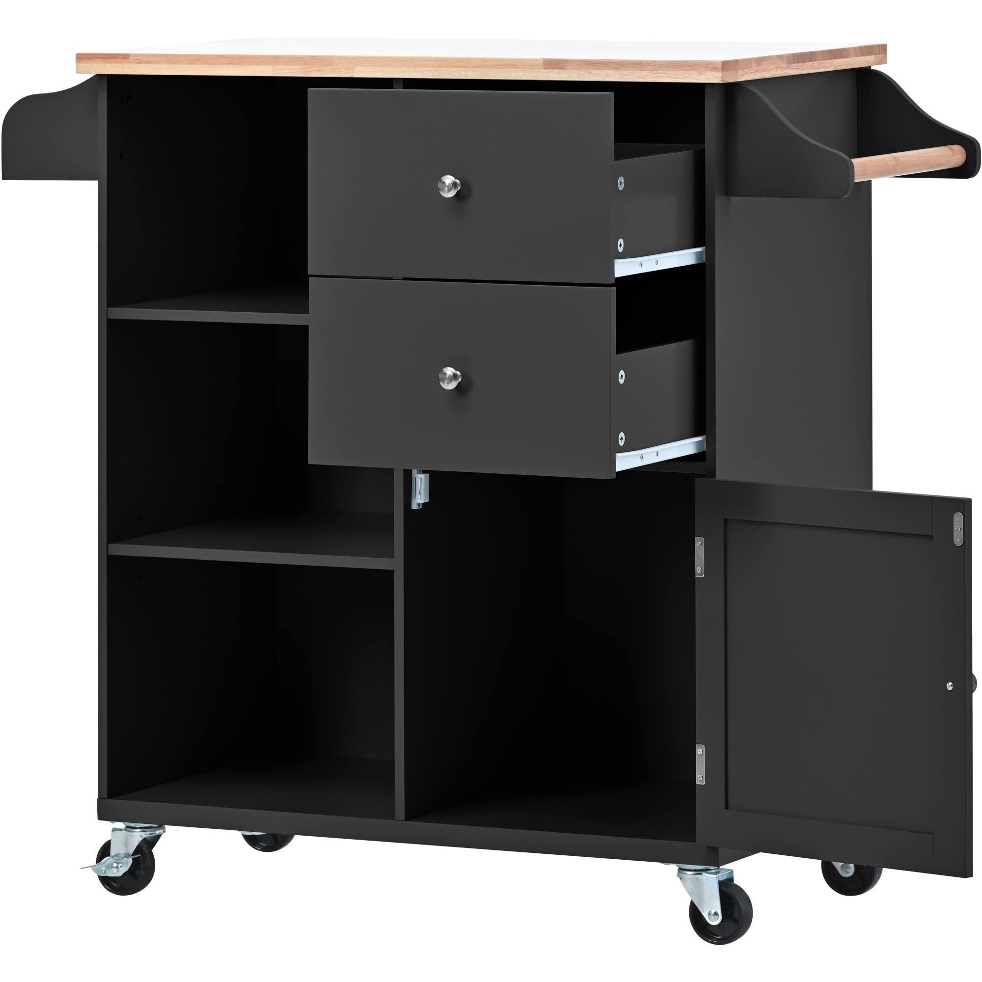 Mobile Kitchen Cart,Sideboard on 4 Wheels with 2 Drawers and 3 Open Shelves,Kitchen Island with Rubber Wood top,Storage Cabinet,Drawer, Spice Rack, Towel Rack, Kitchen Cart for Kitchen (Black)