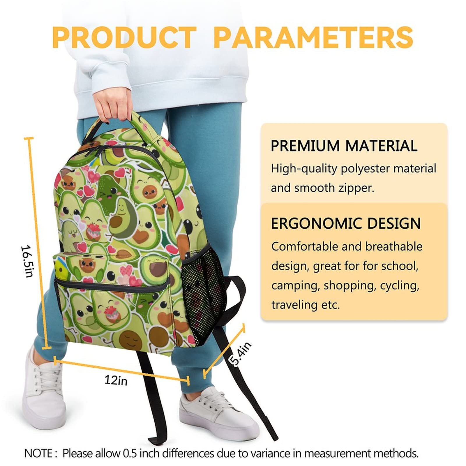 PAKKITOP Avocado Backpack for Kids Girls Boys, 16" Cute Backpack for School, Green Print Lightweight Bookbag for Students