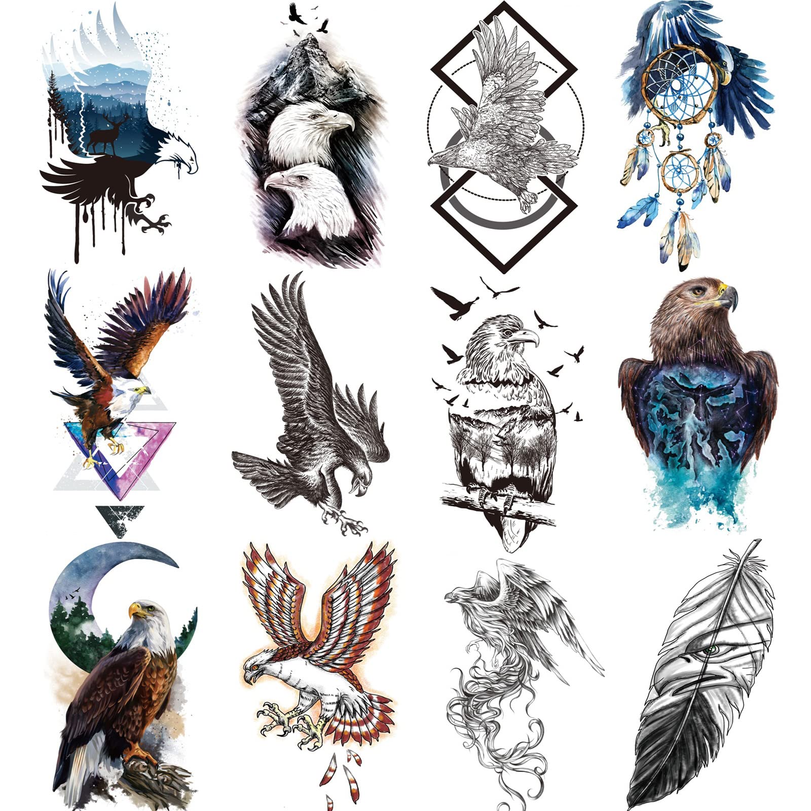 Ooopsiun 12 Large Sheets Eagle Temporary Tattoos For Men Kids, Cool Waterproof Body Fake Tattoo Sticker for Aldult 3D Eagle Large Arm Tattoos