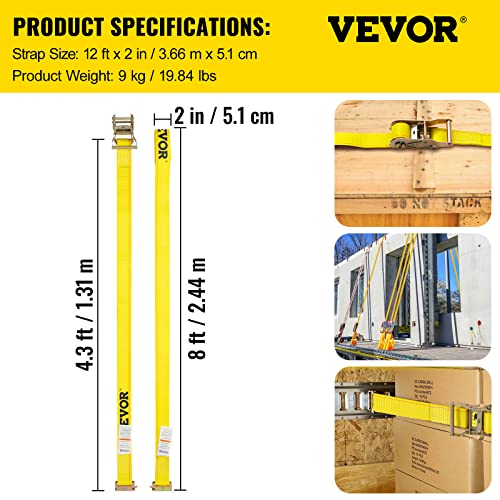 VEVOR E-Track Ratchet Strap, 8PCS 2" x 15' E Track Straps with 4400 LBS Breaking Strength, w/Polyester Webbing & Spring Fitting & Ratchets, Durable Tie-Downs for Motorcycles, Tire, Trailer Loads