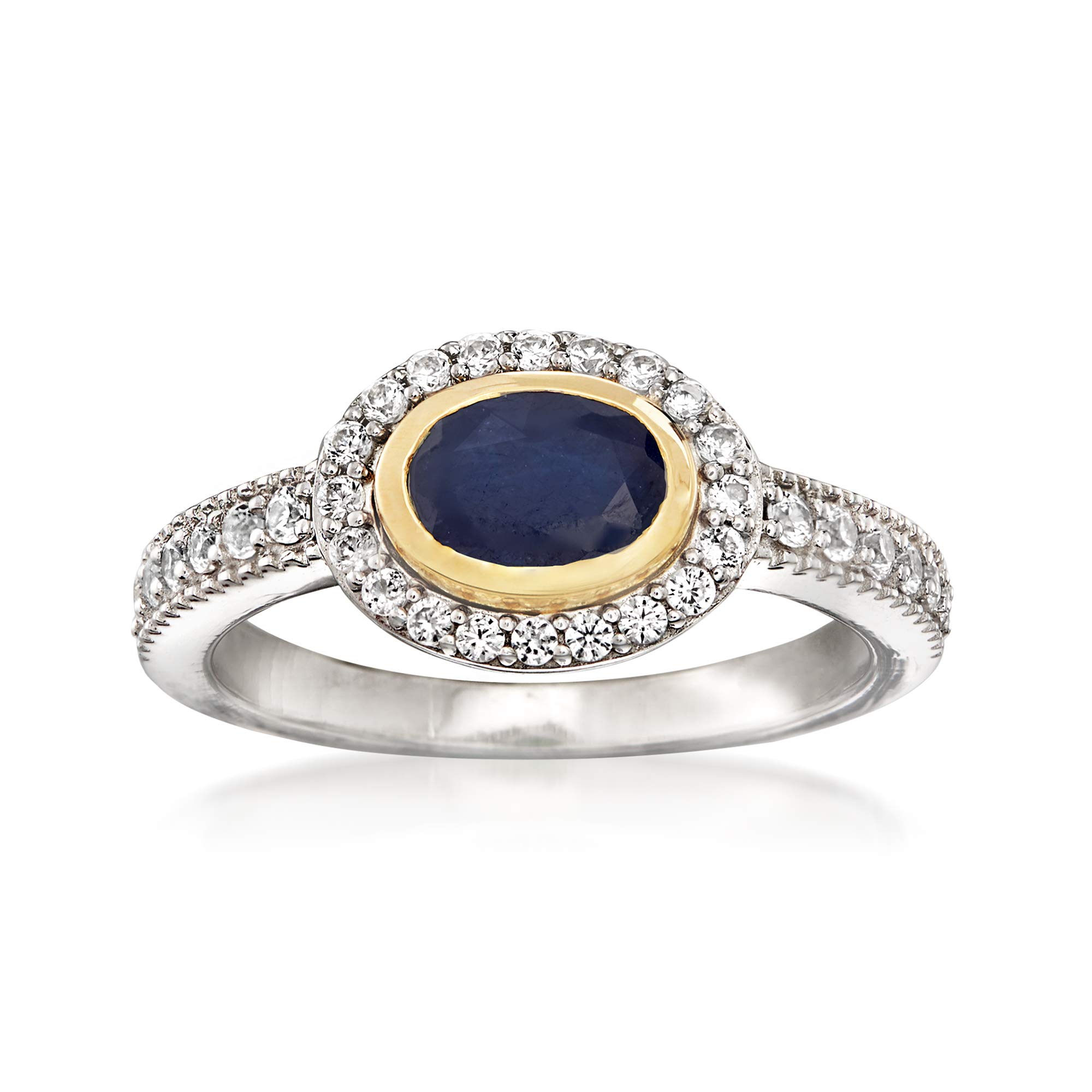 Ross-Simons 1.00 Carat Sapphire and .50 ct. t.w. White Zircon Ring in Sterling Silver With 14kt Yellow Gold. Size 7