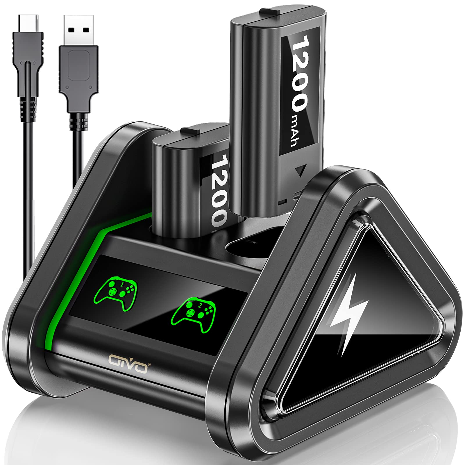 Rechargeable Battery Pack with Charger Station for Xbox, 2 x 1200mAh Rechargeable Controller Battery Pack with Charging Dock for Xbox Series X|S/Xbox One X|S/Elite Controllers - USB-C Cable Included