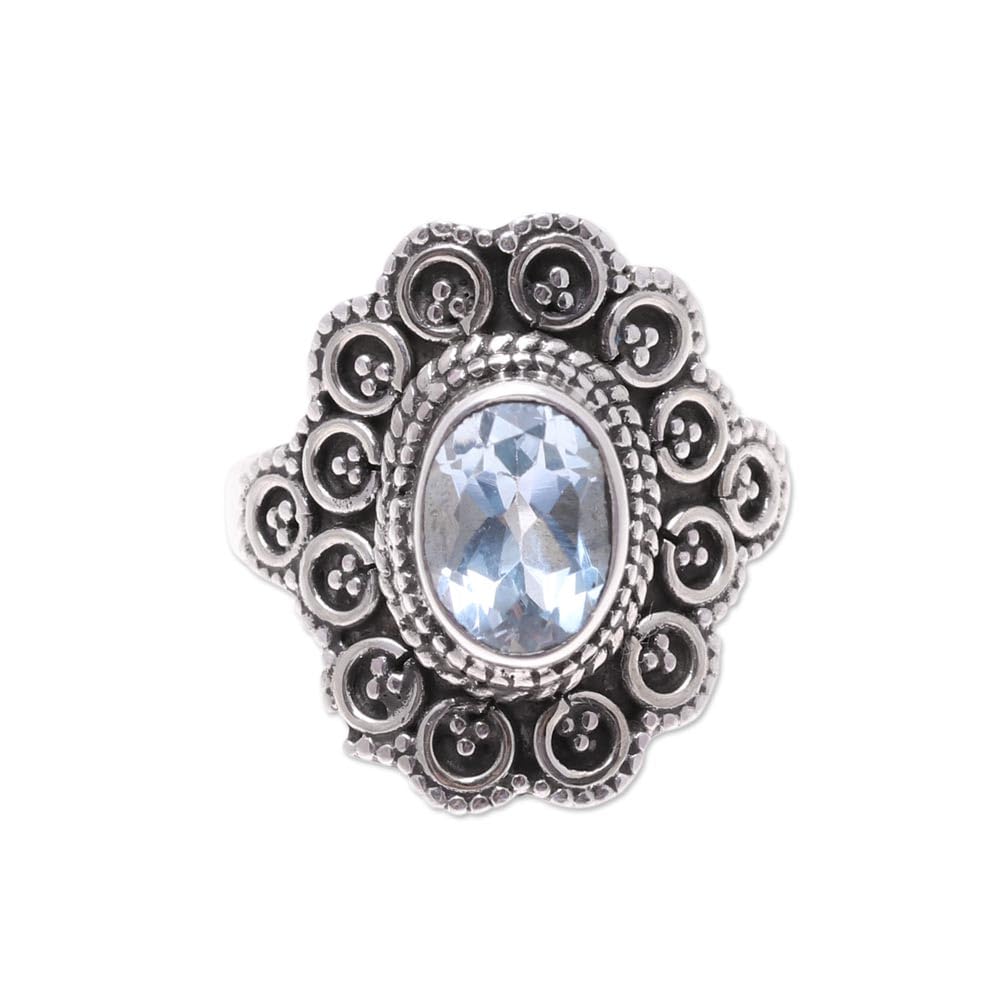NOVICA Artisan Handmade Blue Topaz Cocktail Ring Sterling Silver Floral Dotted Single Stone India Gemstone Birthstone [ring Front 0.8 in L x 0.7 in W x 0.2 in H Band Width 3 mm W] ' Sparkle Bloom'