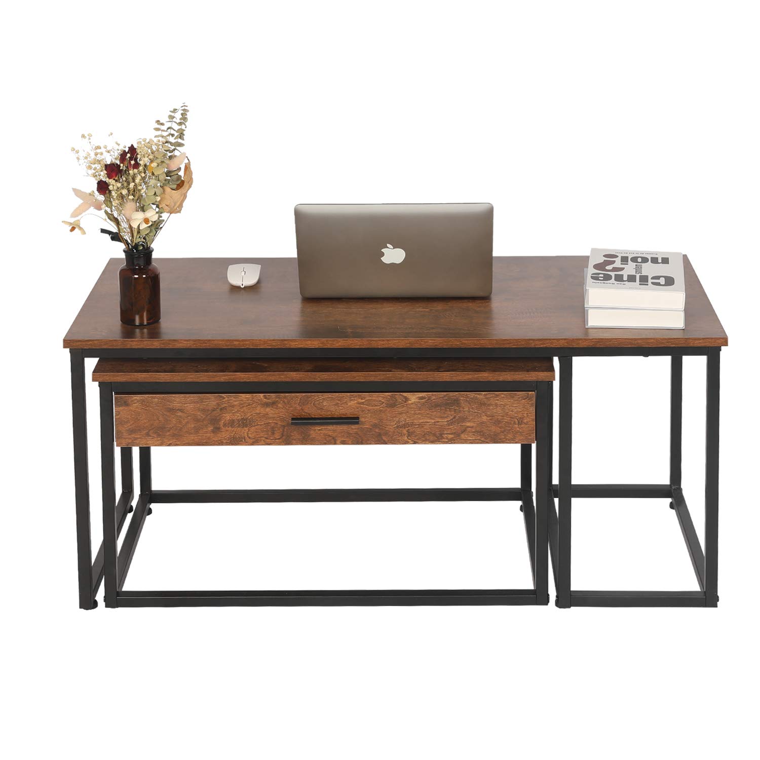 Nesting Coffee Table Set of 2 for Living Room, Sofa Side Rectangular Stacking Table with Large Capacity Sliding Rails Drawer, Home Office Furniture 42'' L X 19'' W X 19'' H