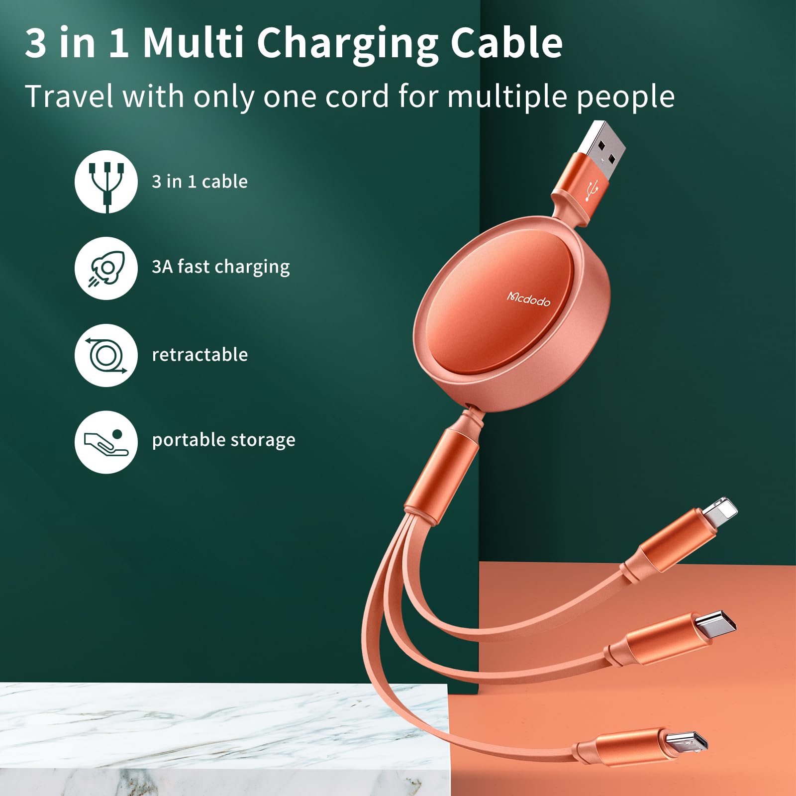 mcdodo Multi Charging Cable, 3 in 1 Retractable USB C Cable, 3A Retractable Charging Cable with Type C/USB A/IP for iOS/iPad/Samsung/Tablets (Black)