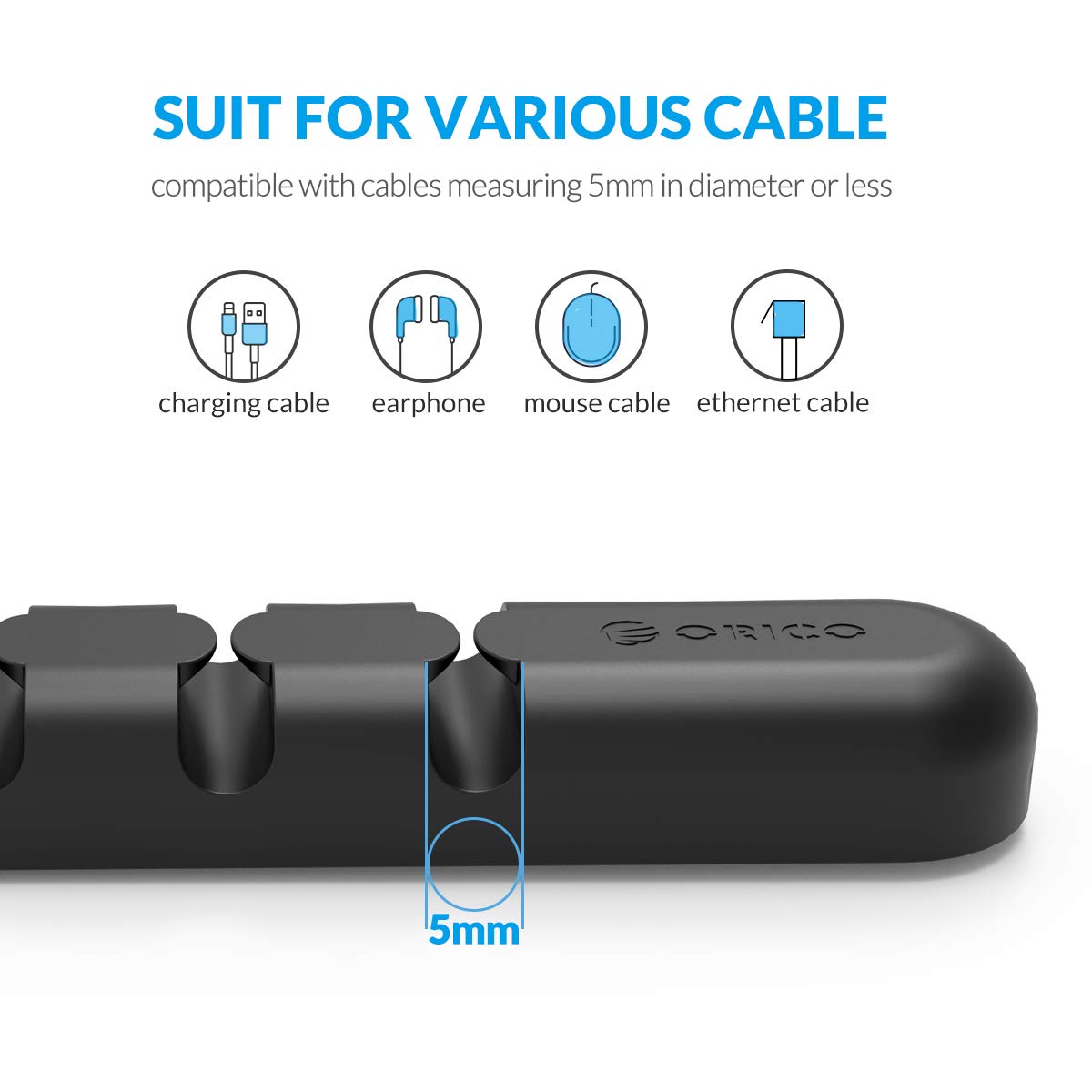 ORICO Adhesive Cable Clip, 7 Slots Wire Holder for Organizing USB, Ethernet, Mouse, Earphone Cable Wires, Home Office Desk Cable Management (Black)