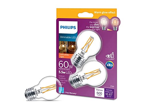 Philips 60W G16.5 Dimmable LED Light Bulb with Warm Glow Dimming Effect Soft White (2-Pack)