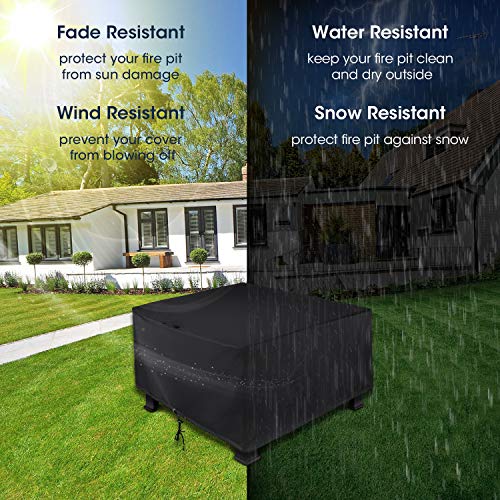 Unicook Square Fire Pit Cover 38 Inch, Heavy Duty Waterproof Fire Table Cover, Outdoor Firepit Cover with Drawstring and Handles, Fade Resistant Material, All Weather Protection, Black